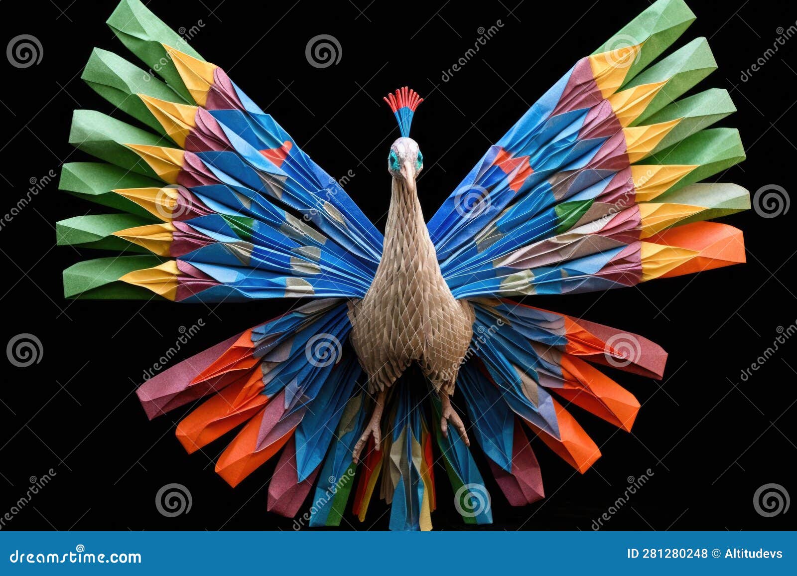 Origami Peacock with Multicolored Feathers Spread Stock Illustration ...