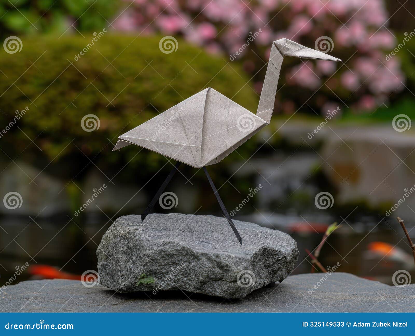 Origami Swan Sculpture on Rock in Garden Stock Illustration ...