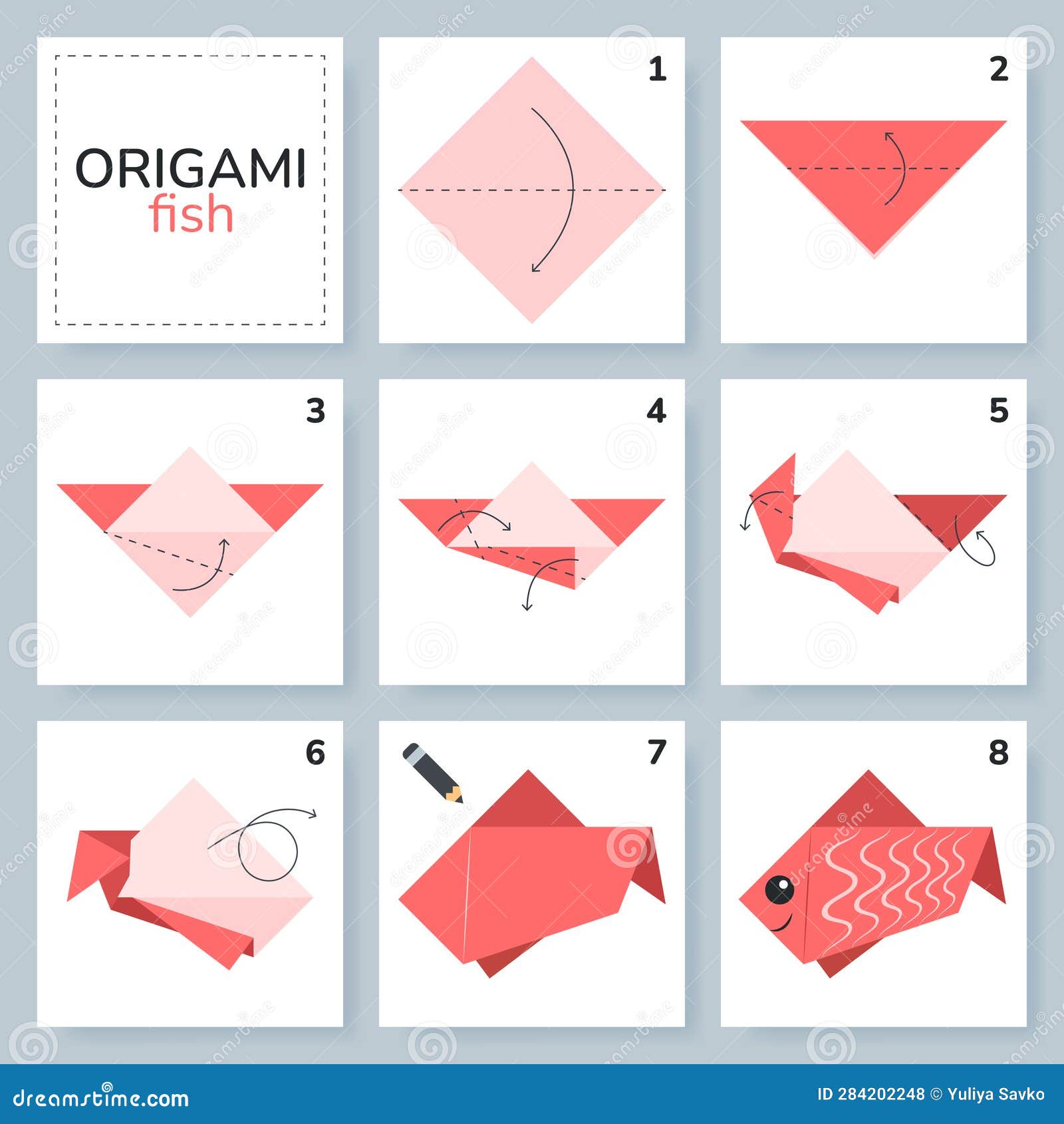 Origami Tutorial For Kids. Origami Cute Fish. Cartoon Vector ...