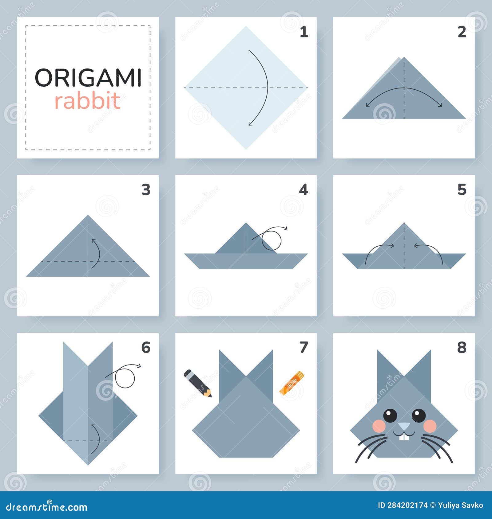 Origami Tutorial for Kids. Origami Cute Rabbit. Stock Vector ...