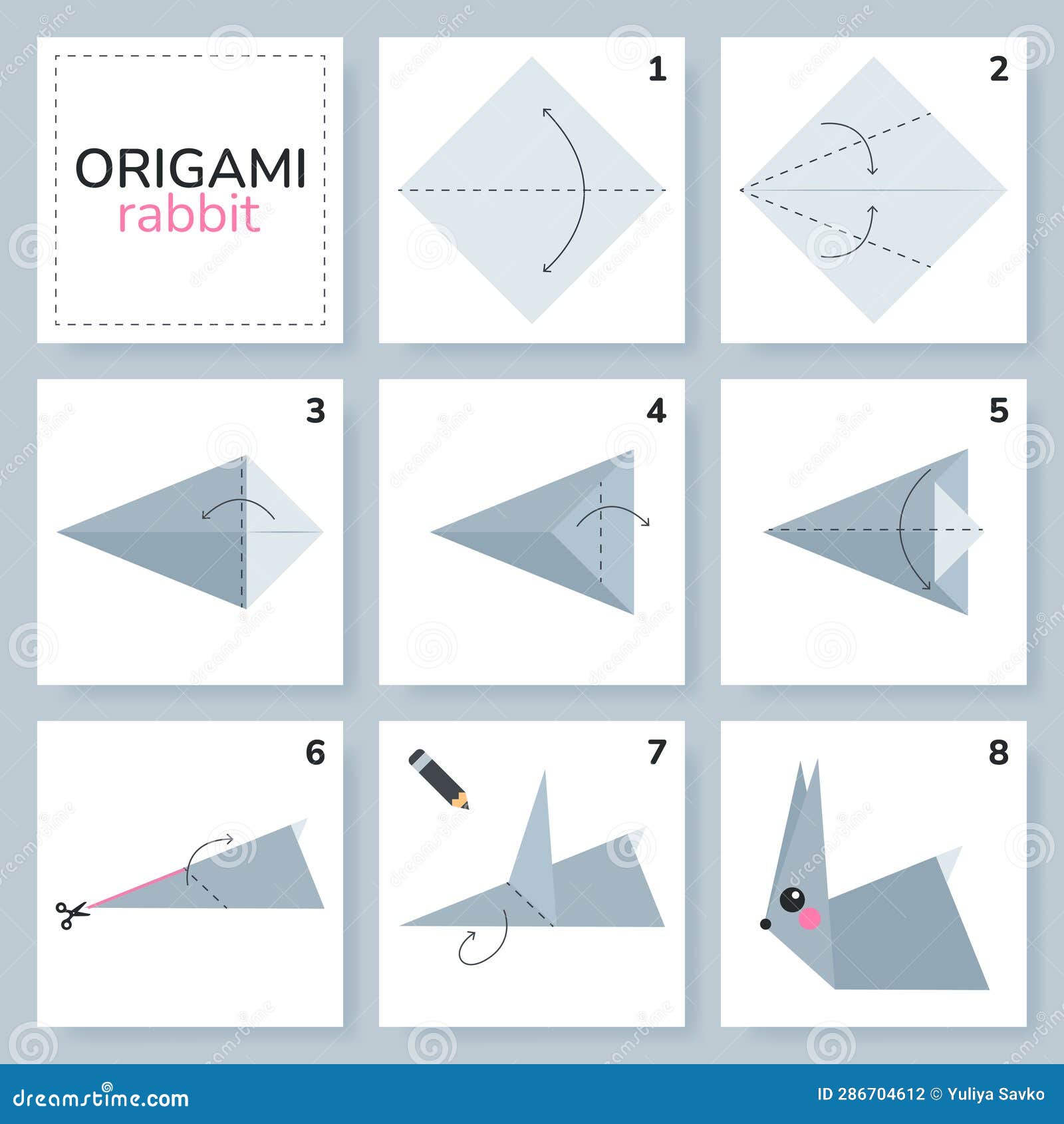 Origami Tutorial for Kids. Origami Cute Rabbit. Stock Illustration ...
