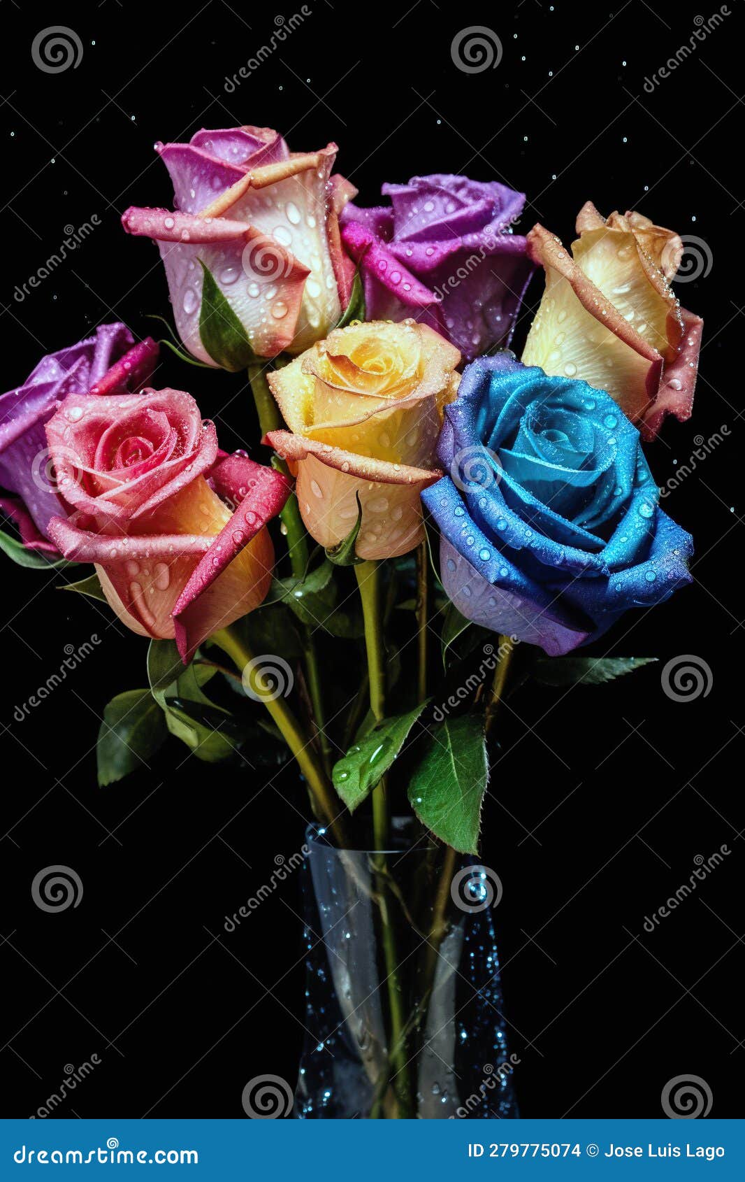 Original Bouquet of Roses with Multicolored Petals on a Black ...