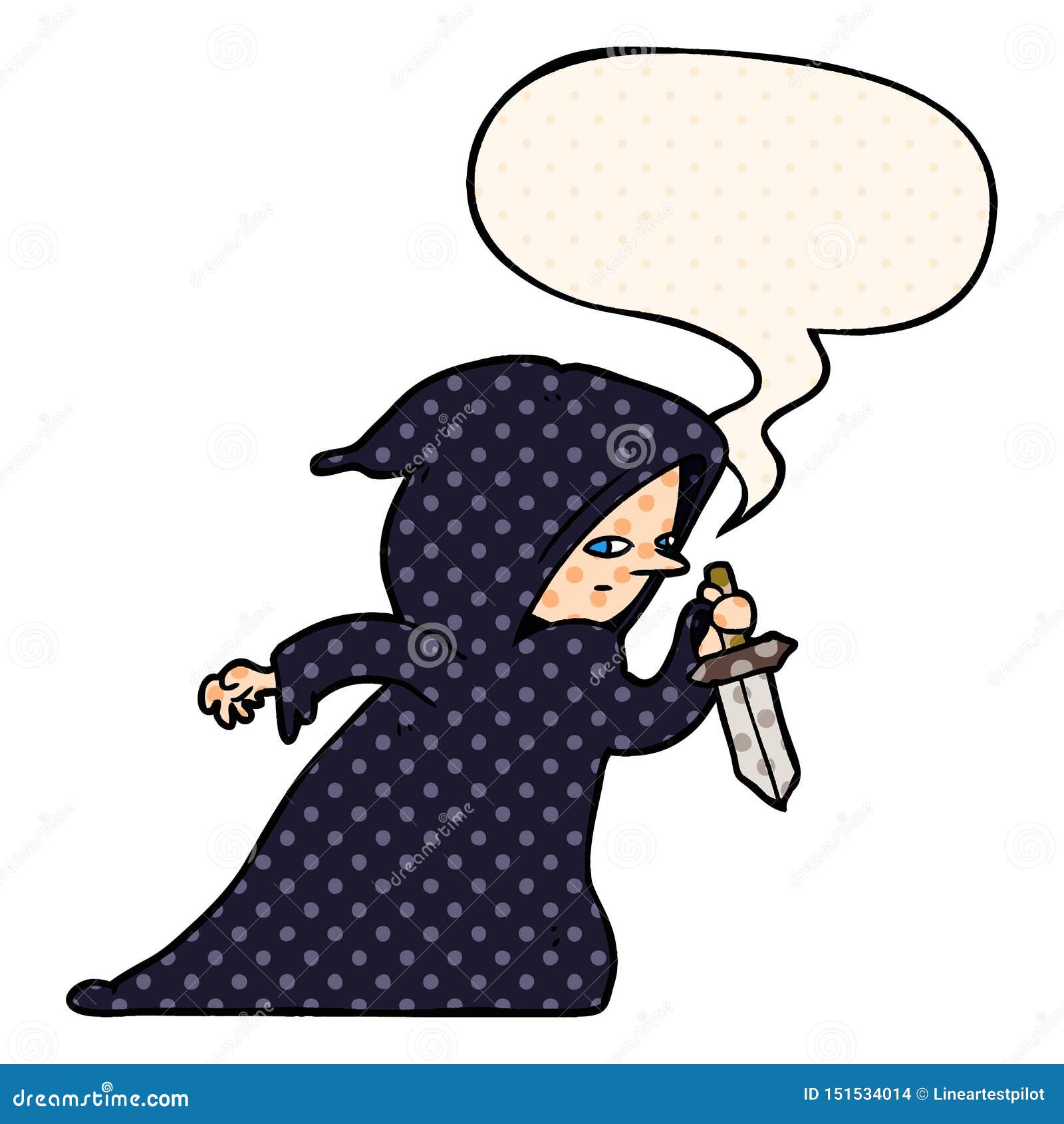 A Creative Cartoon Assassin in Dark Robe and Speech Bubble in Comic ...