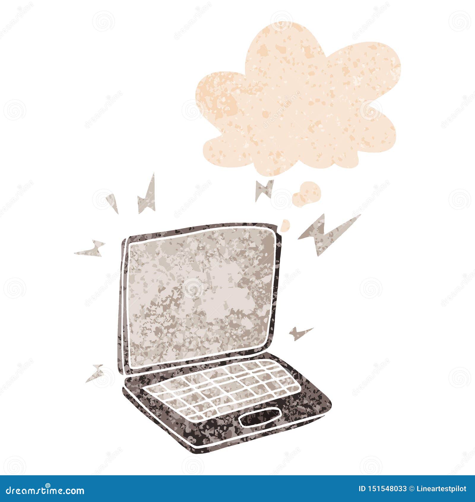 A Creative Cartoon Laptop Computer and Thought Bubble in Retro Textured ...