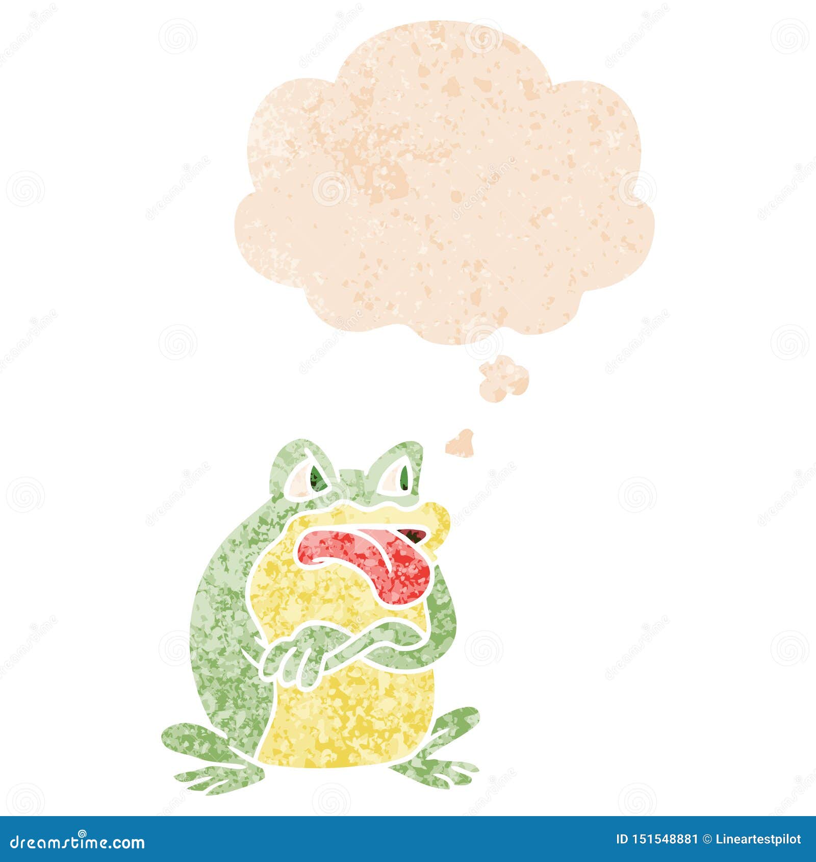 A Creative Grumpy Cartoon Frog and Thought Bubble in Retro Textured ...