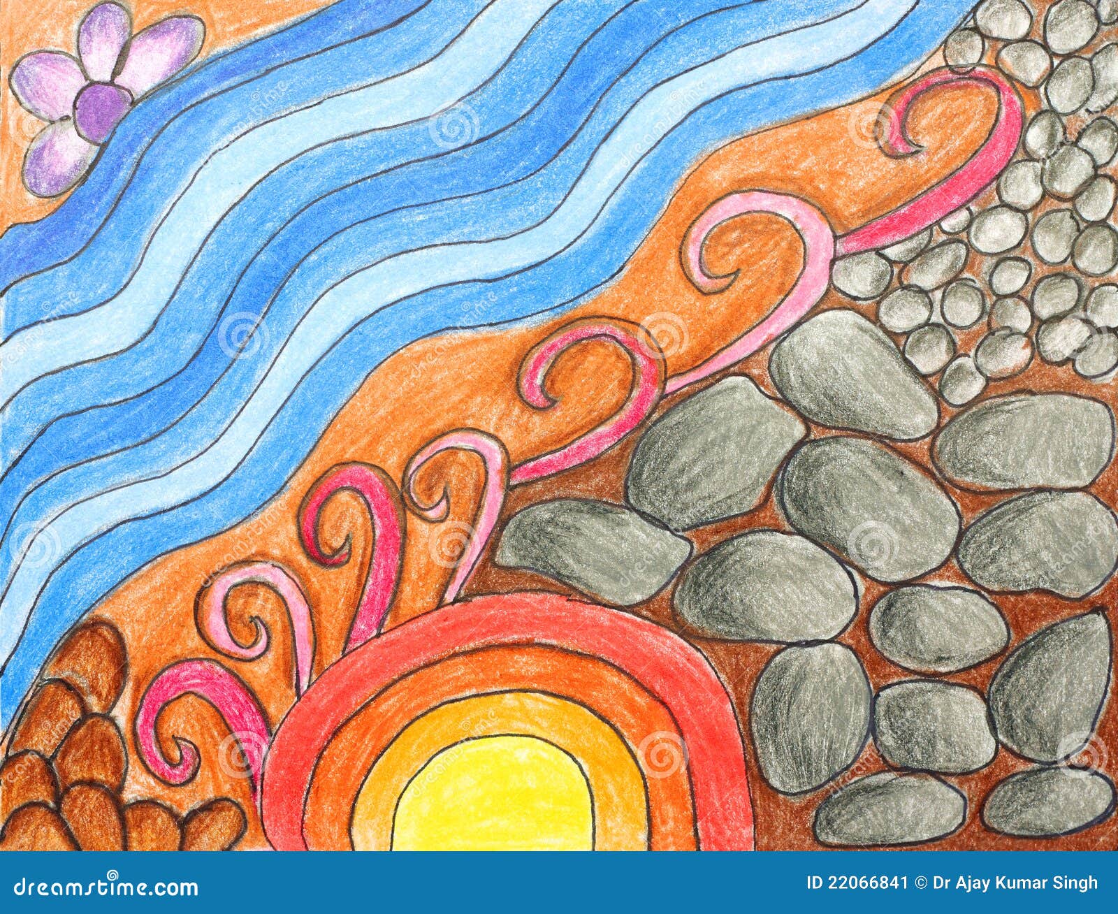 Original Drawing of a Pattern with Sun and River Stock Illustration ...