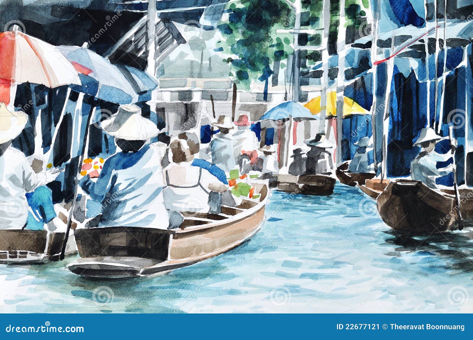 Original Hand Draw, Floating Market Stock Illustration - Illustration ...