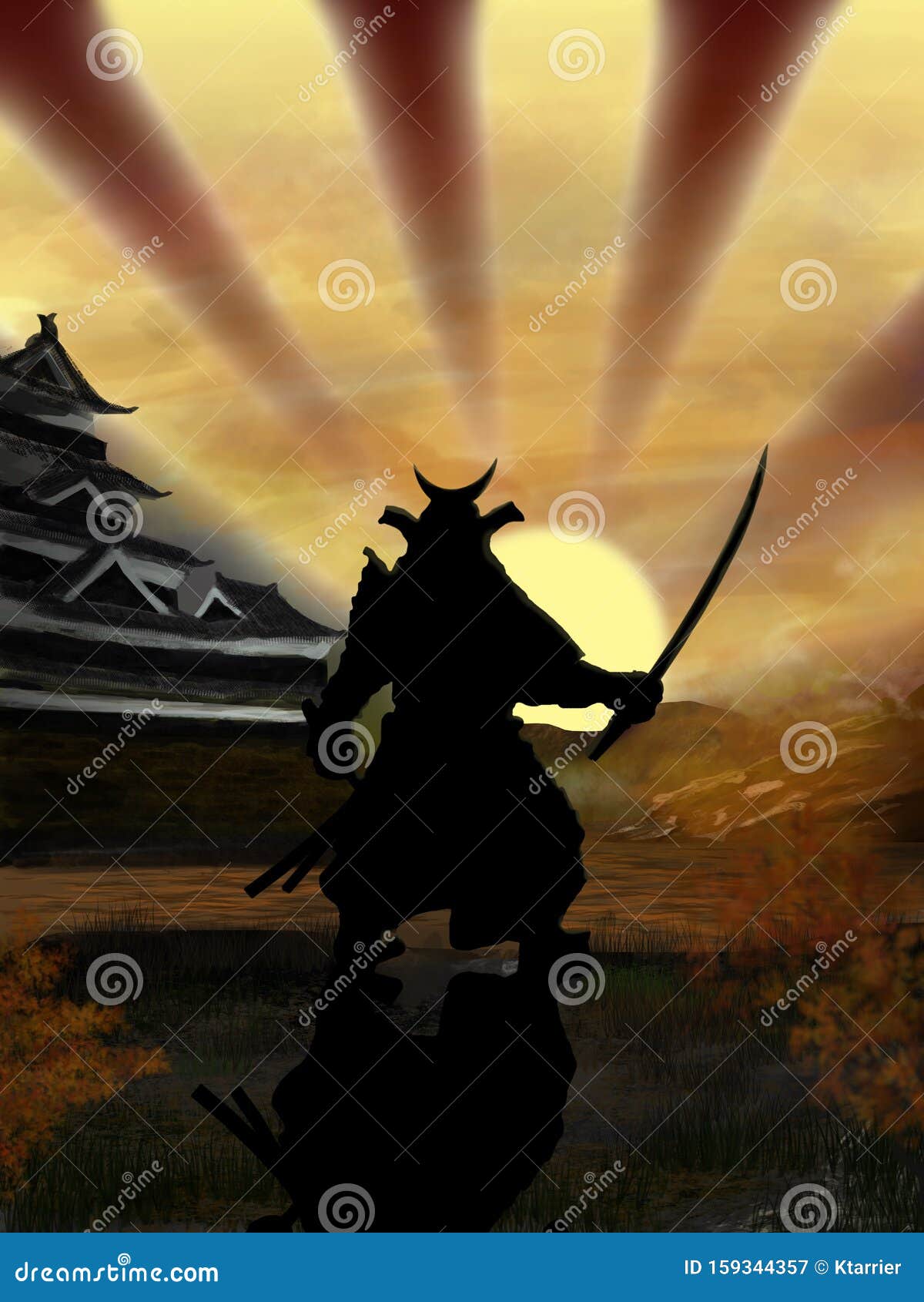 Original Illustration of a Samurai Warrior Standing before a Rising Sun ...
