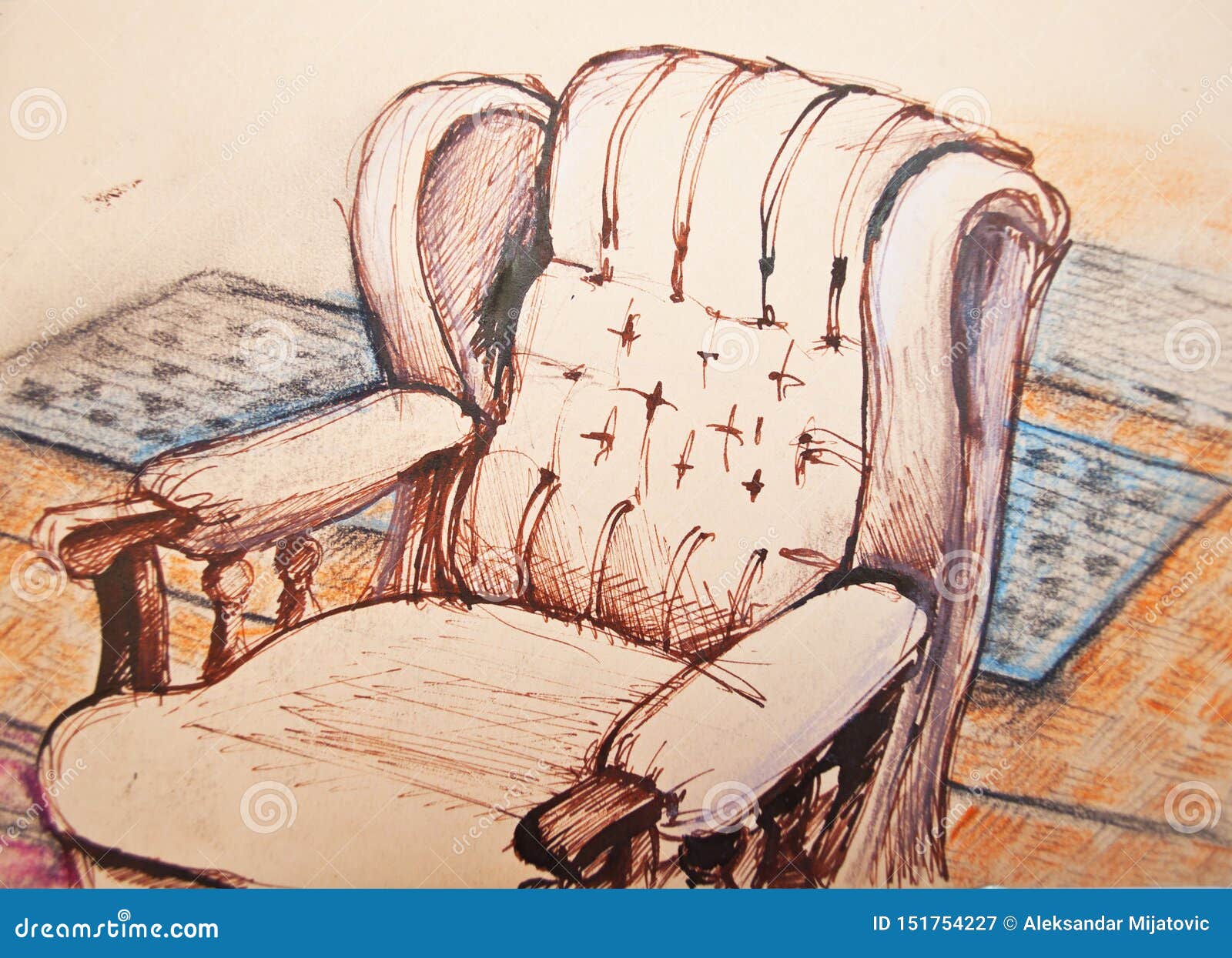 Original Ink Drawing of Sofa in Room Stock Image - Image of grain ...
