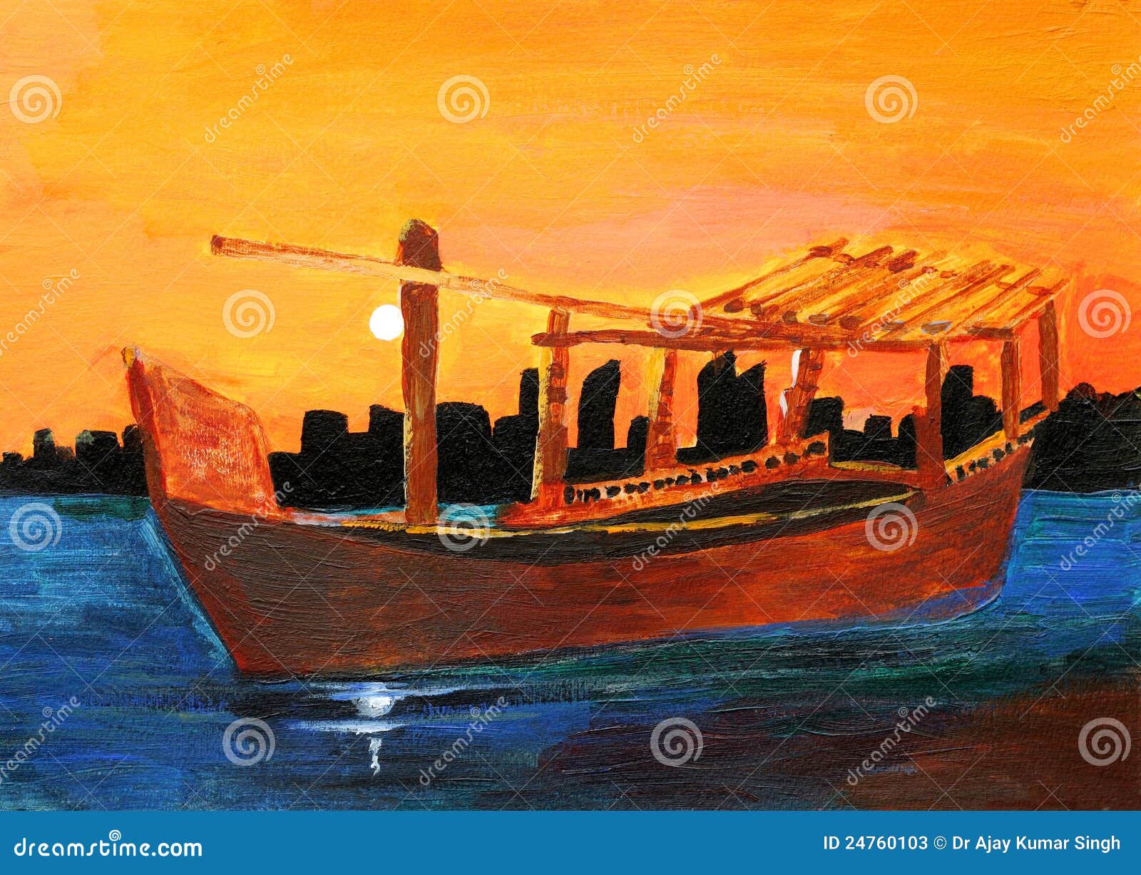 Original Painting of a Dhow on Sunset, a Child Art Stock Illustration ...