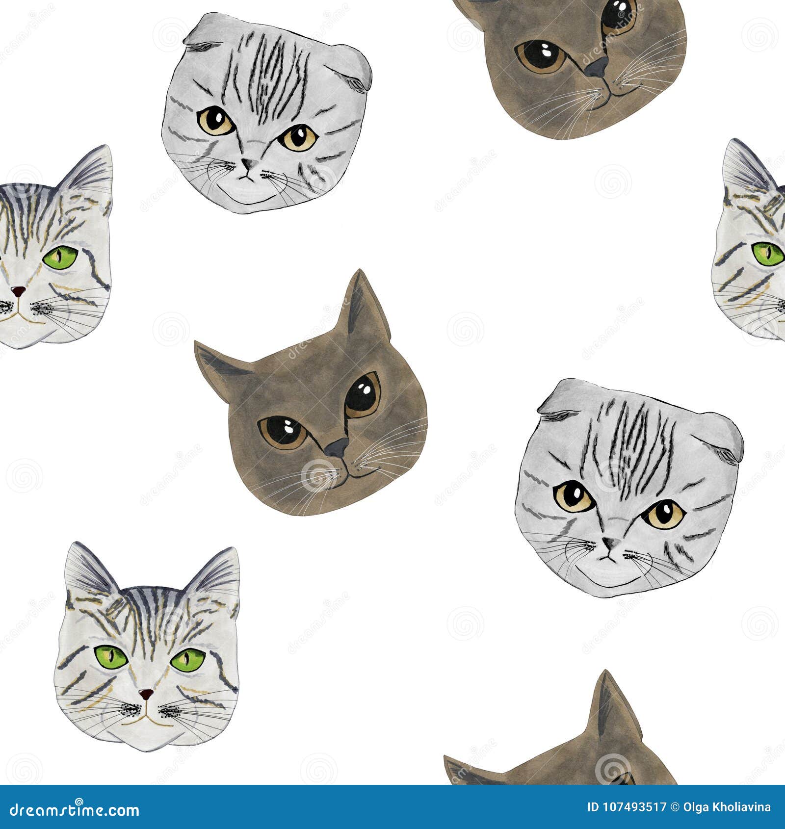 The Pattern with the Muzzles of Three Cats Drawn by Hand, Markers Stock ...