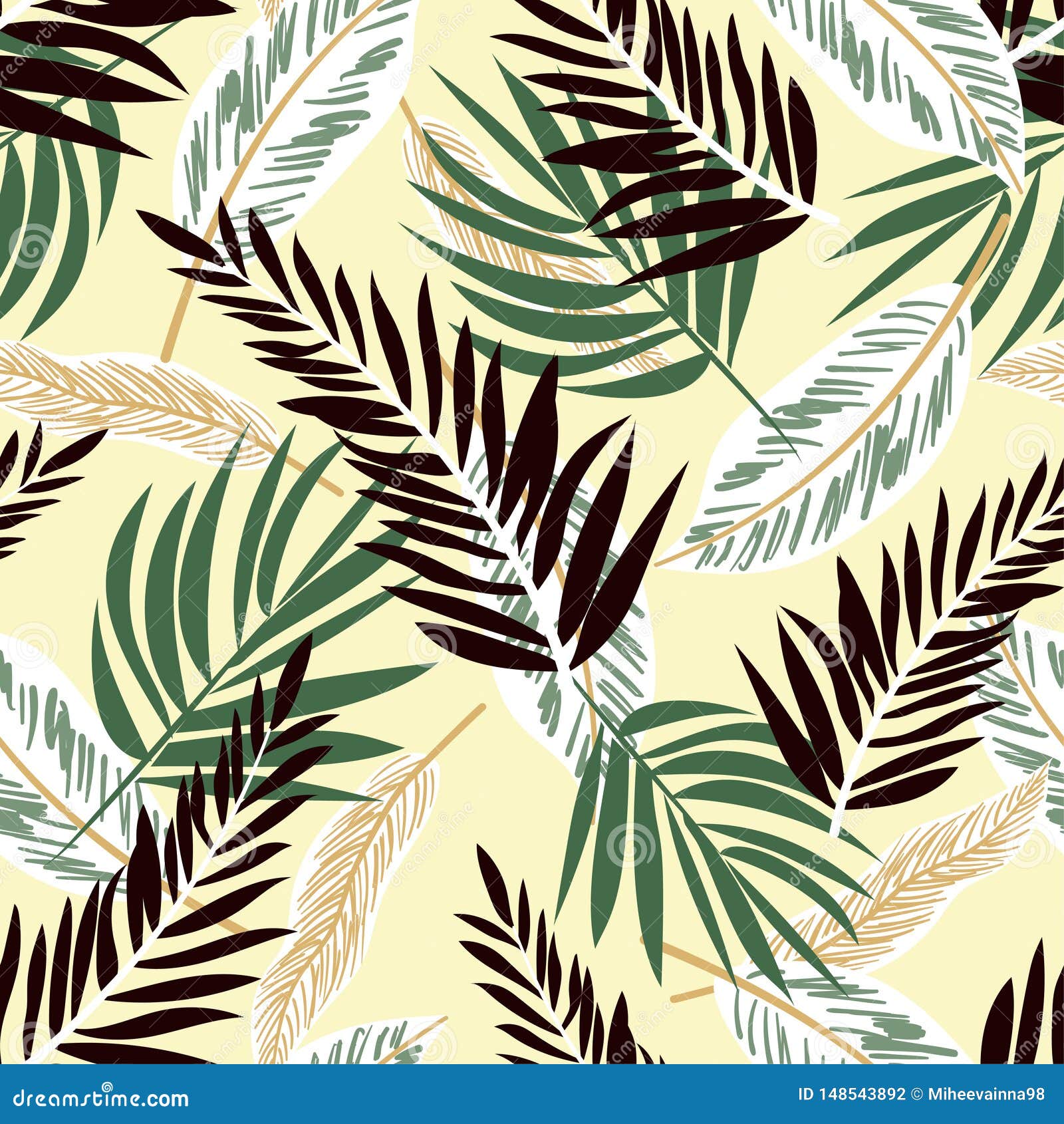 Original Seamless Pattern with Tropical Plants on Yellow Background ...
