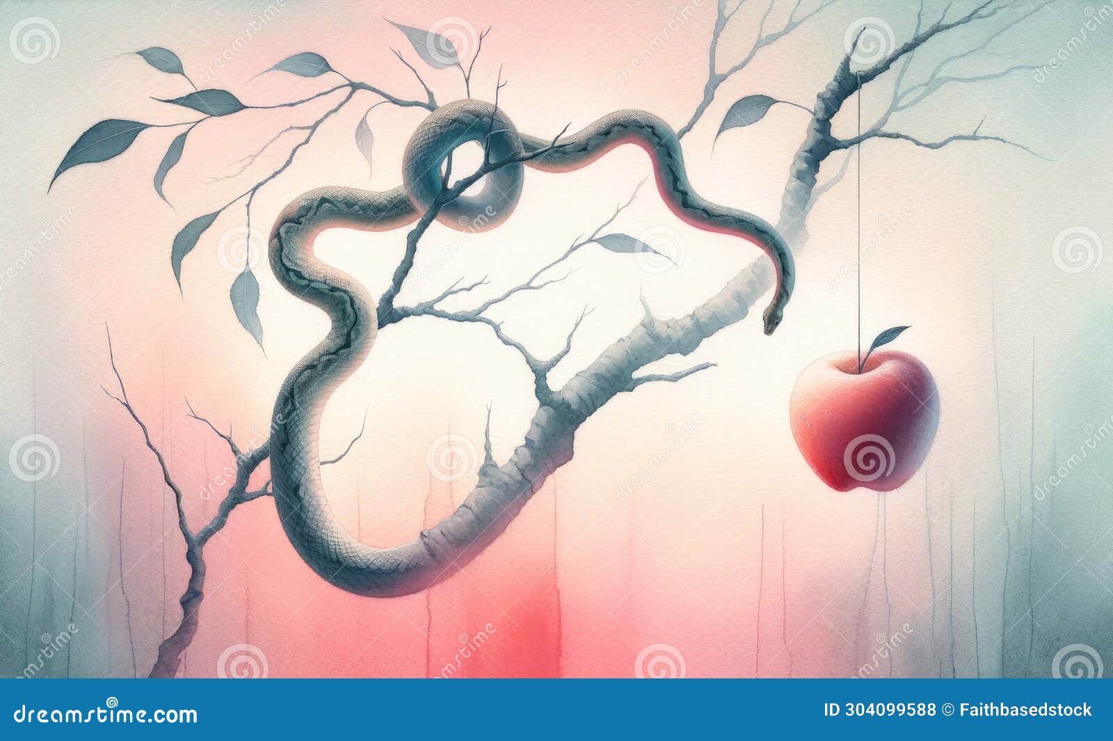 The Original Sin. Watercolor Illustration of an Apple and a Snake on a ...