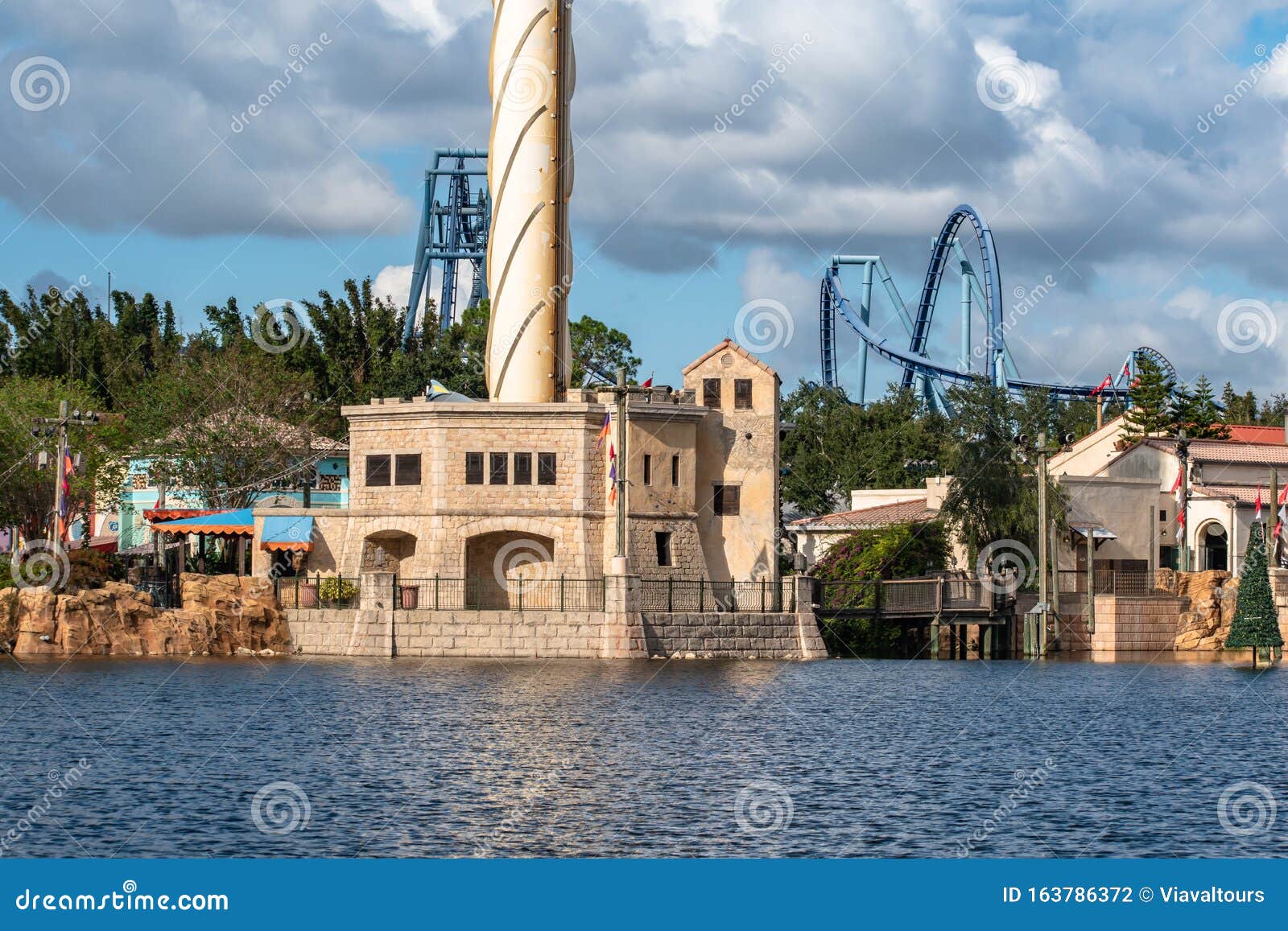 Partial View of Sky Tower and Roller Coasters at Seaworld Editorial ...