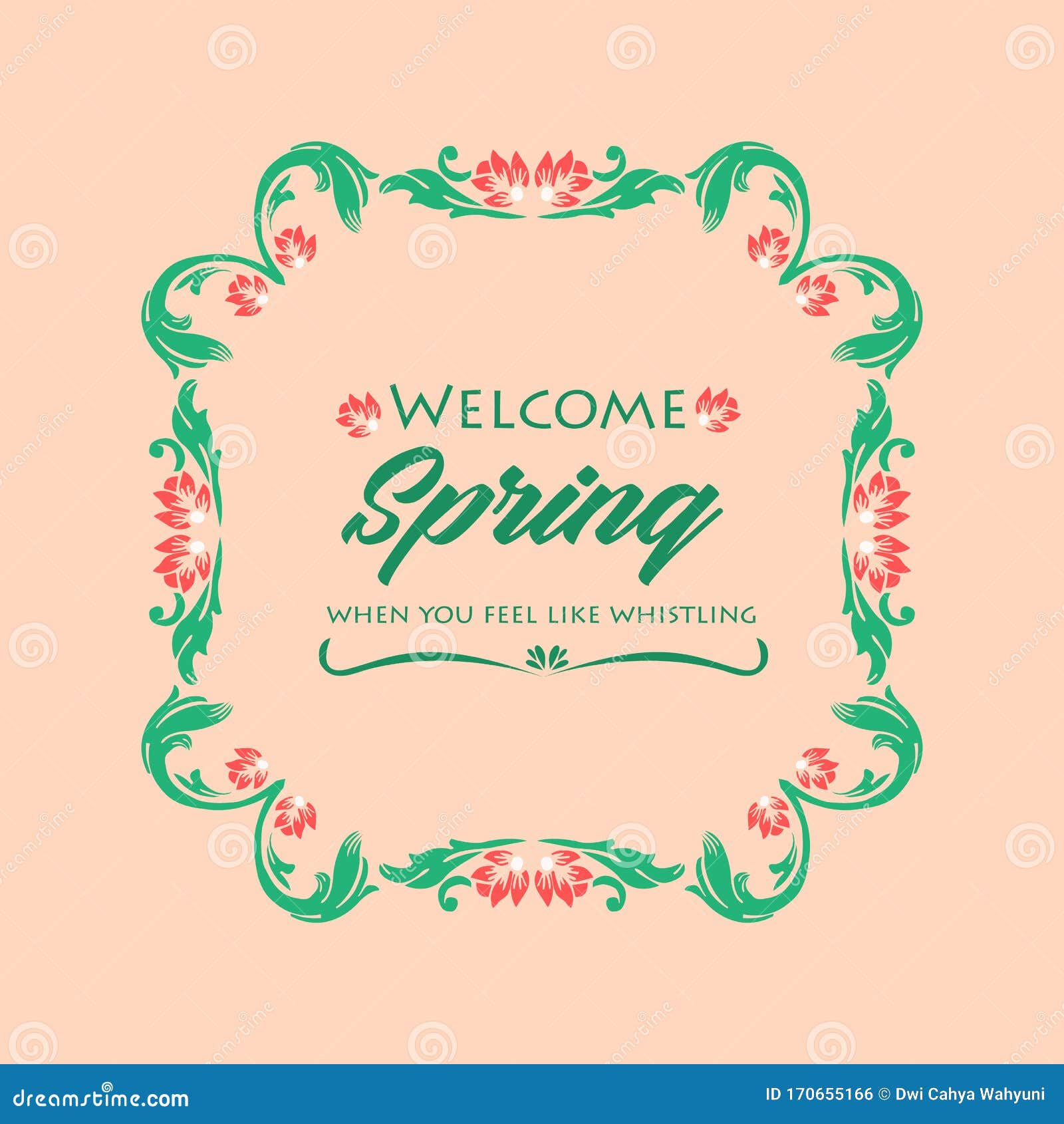 Ornament Leaf and Red Floral Frame, for Elegant Welcome Spring Poster ...