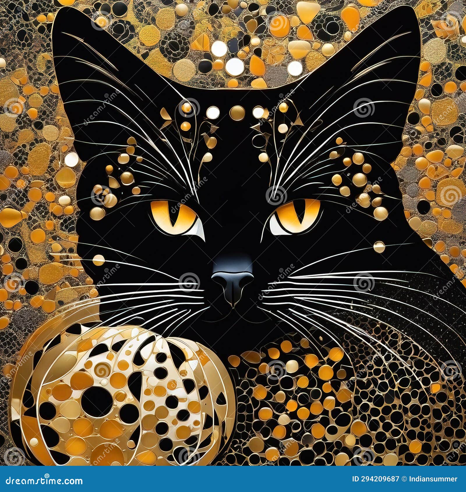 Ornamental Black Cat Portrait Illustration Stock Illustration
