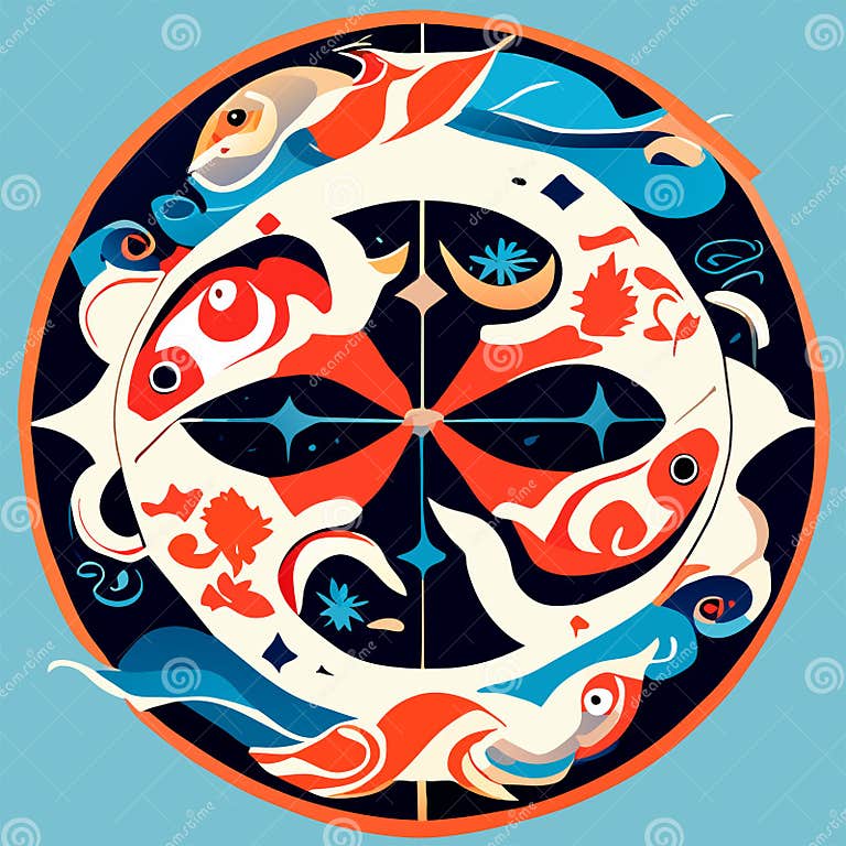 Ornamental Circle with Fish and a Pattern on a Blue Background ...