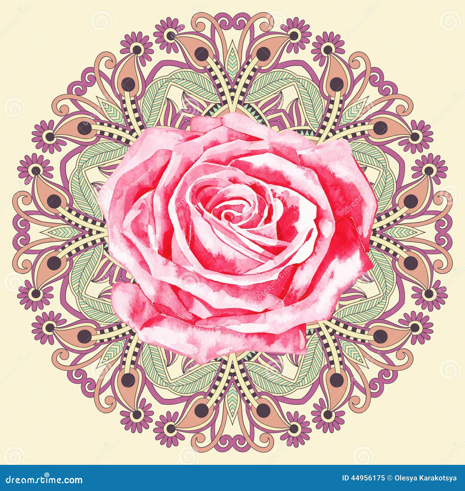 Ornamental Circle Pattern with Watercolor Rose Stock Vector ...