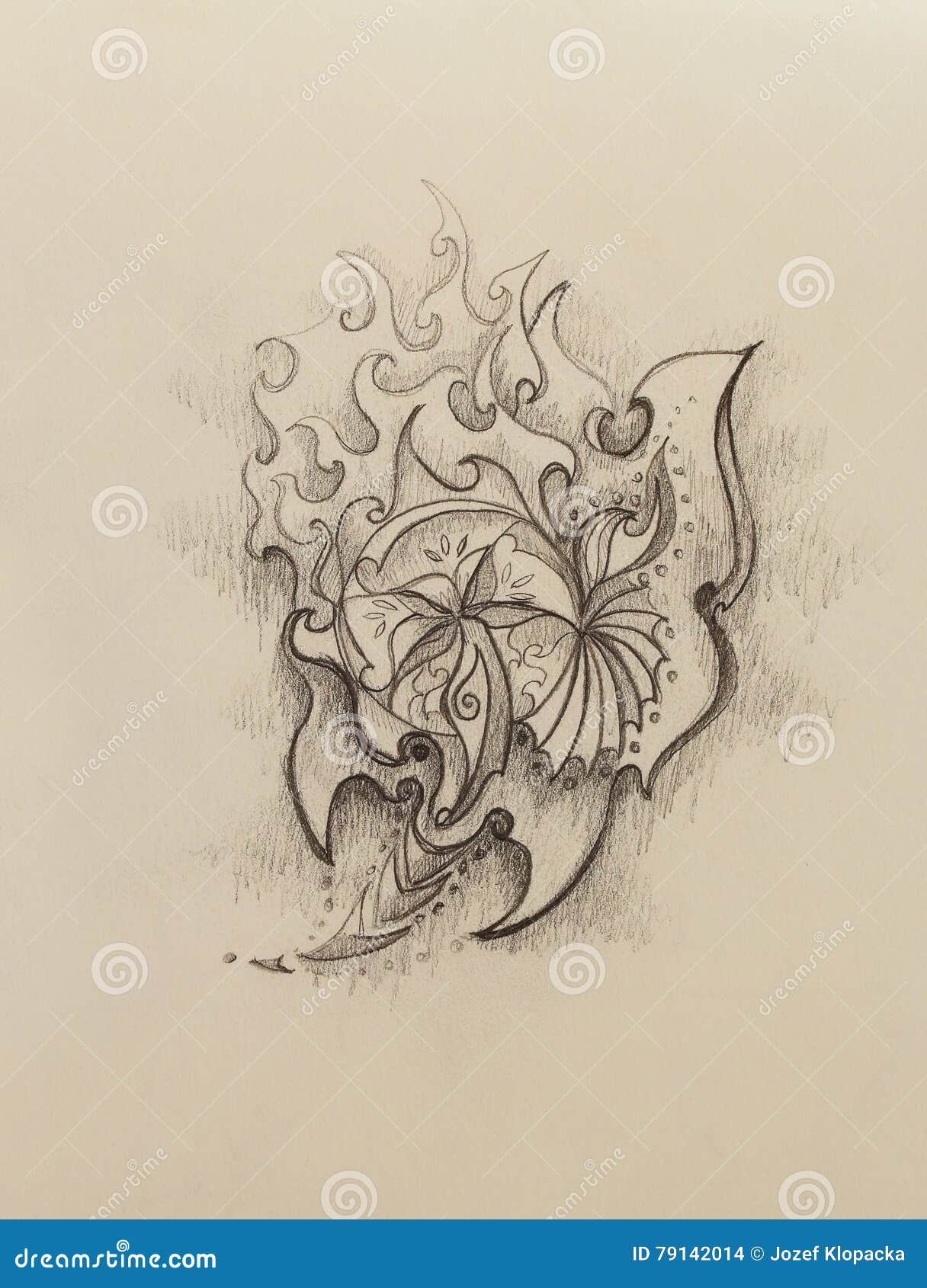 Ornamental Filigran Drawing on Paper with Flower and Flame Structure ...