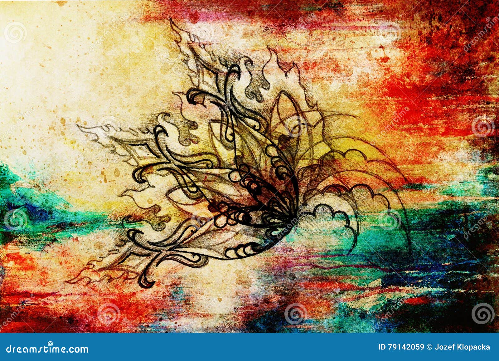 Ornamental Filigran Drawing on Paper with Flower and Flame Structure ...