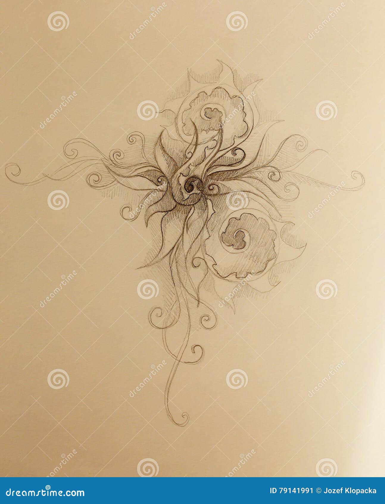 Ornamental Filigran Drawing On Paper With Flower And Flame Structure ...