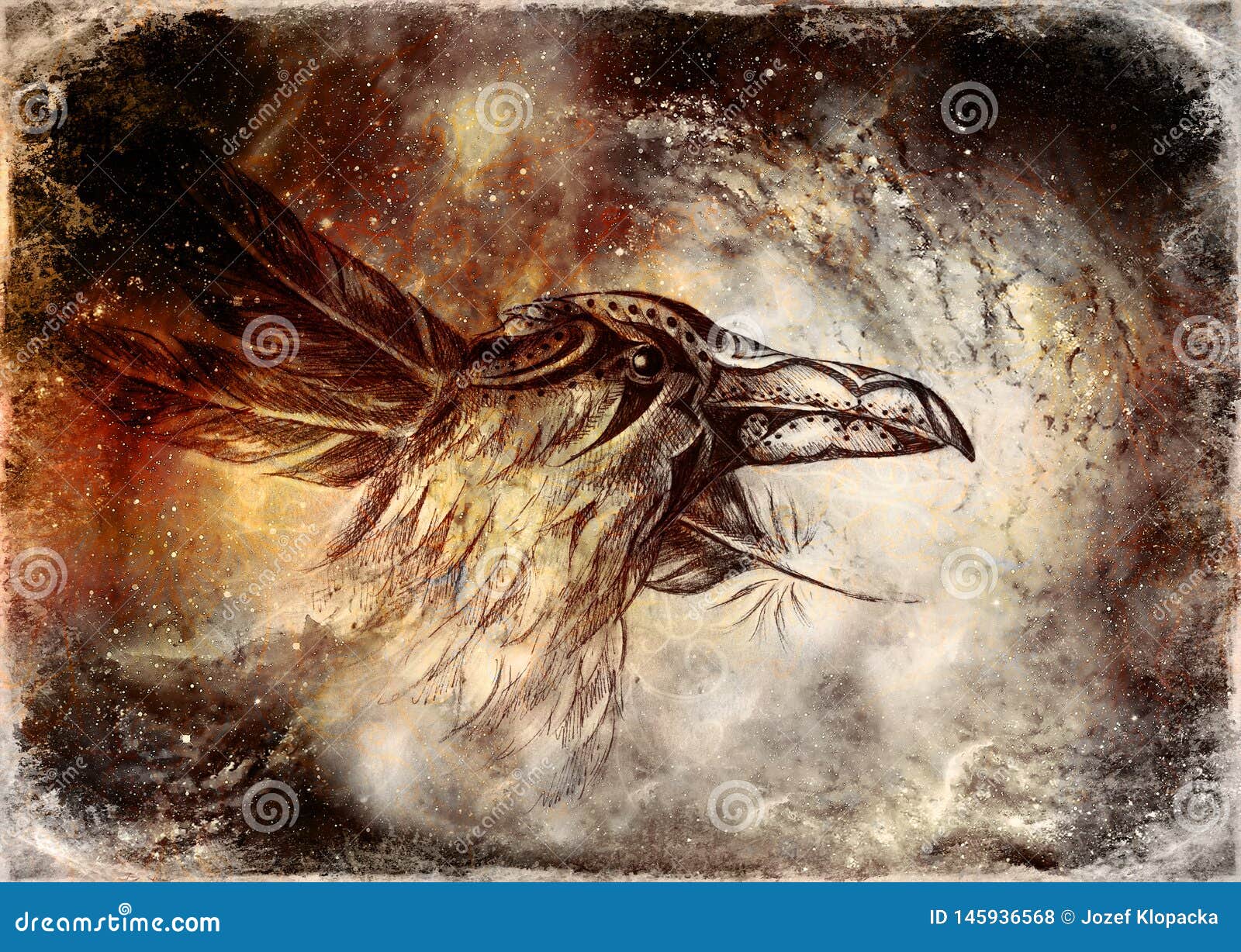 Ornamental Raven Drawing with Feathers in Cosmic Space. Stock Photo ...