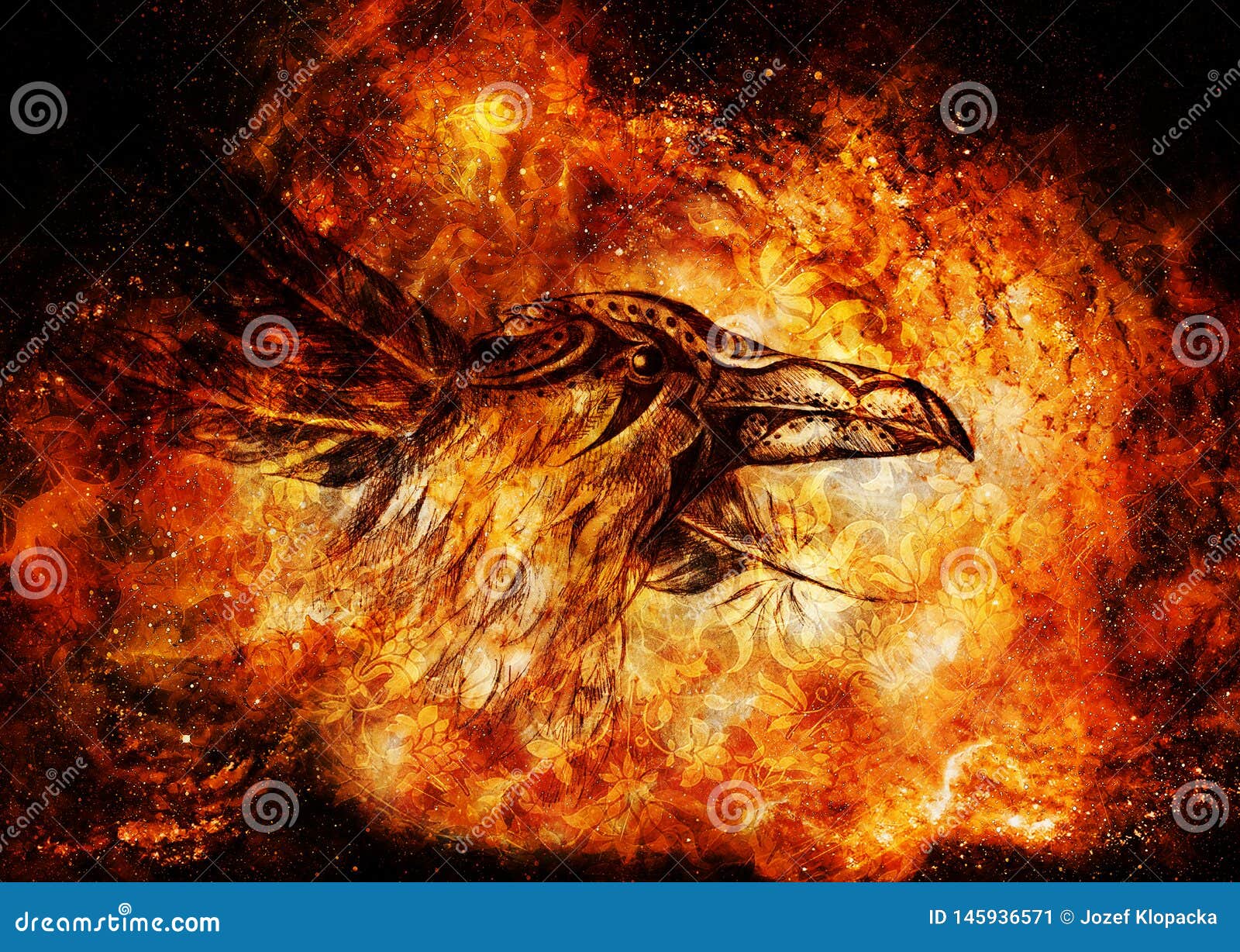 Ornamental Raven Drawing with Feathers in Cosmic Space. Stock Image ...