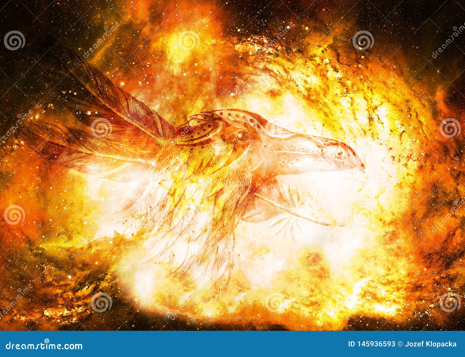 Ornamental Raven Drawing with Feathers in Cosmic Space. Stock Image ...