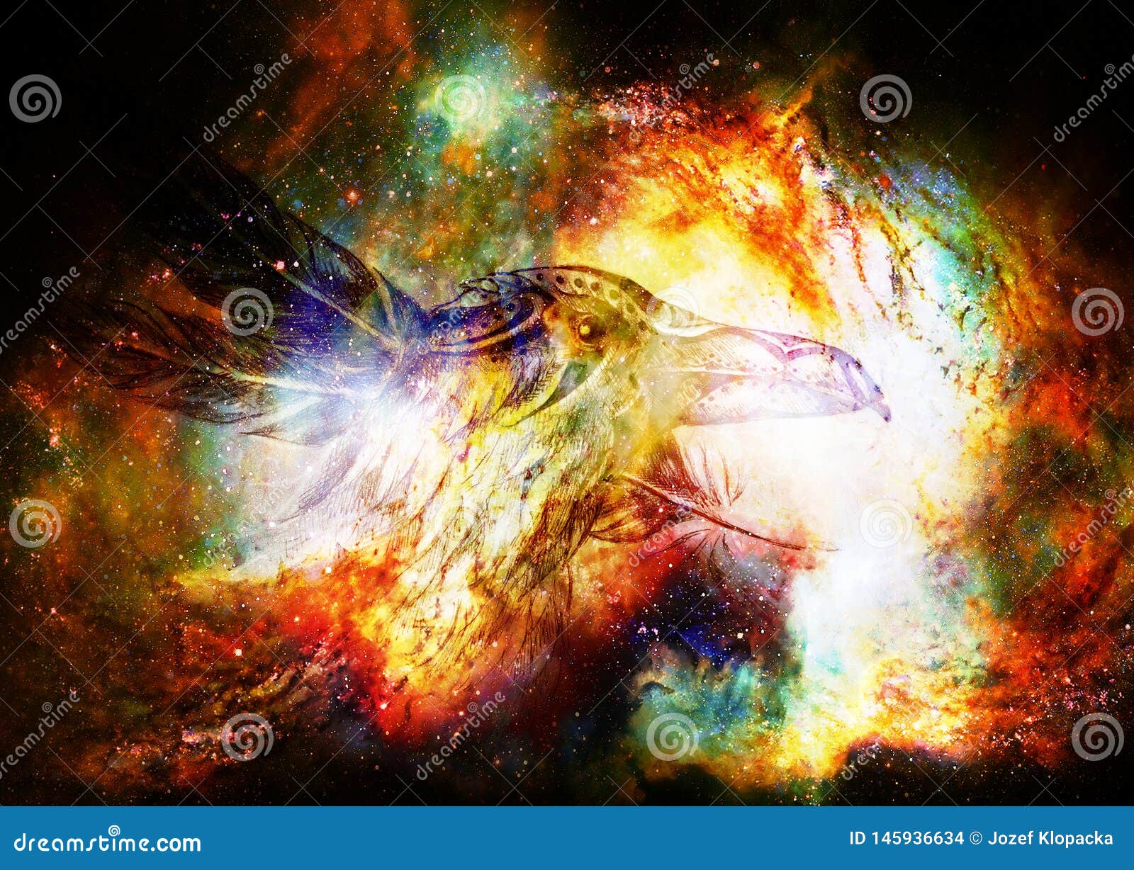 Ornamental Raven Drawing with Feathers in Cosmic Space. Stock Photo ...
