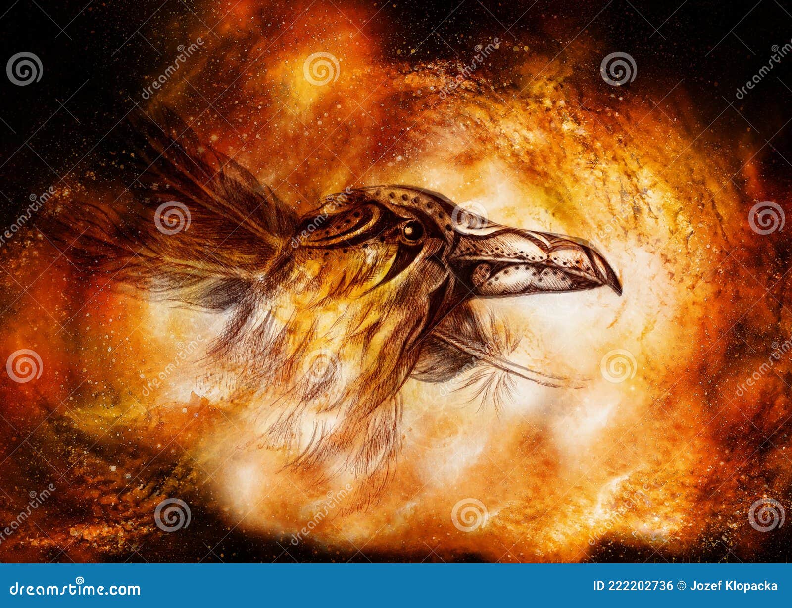 Ornamental Raven Drawing with Feathers in Cosmic Space. Stock Footage ...