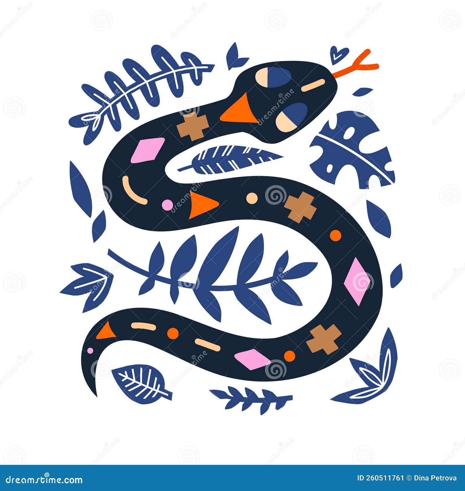 Ornamental Snake Surrounded by Tropical Leaves. Stock Illustration ...