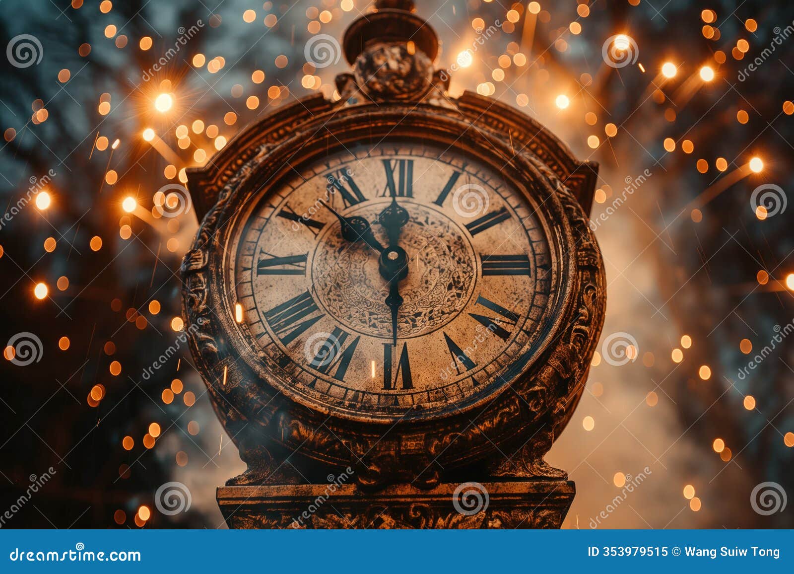 Antique Clock Showing almost Midnight with Fireworks Exploding in the ...