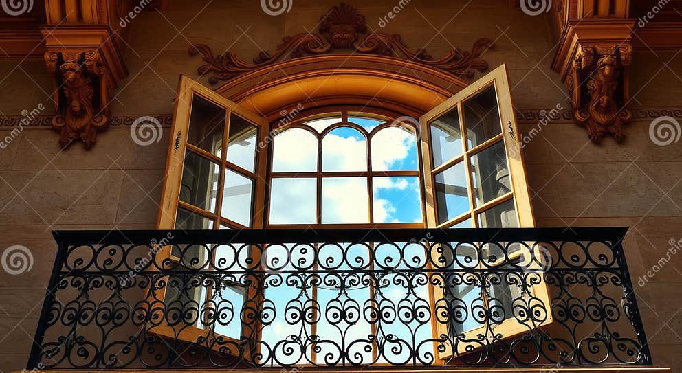 Ornate Architectural Window with Decorative Elements and Iron Railing ...