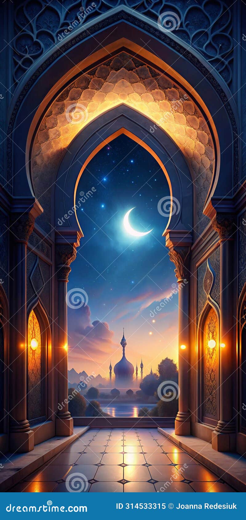 An Ornate Archway Frames a Serene Nighttime Scene with a Crescent Moon ...