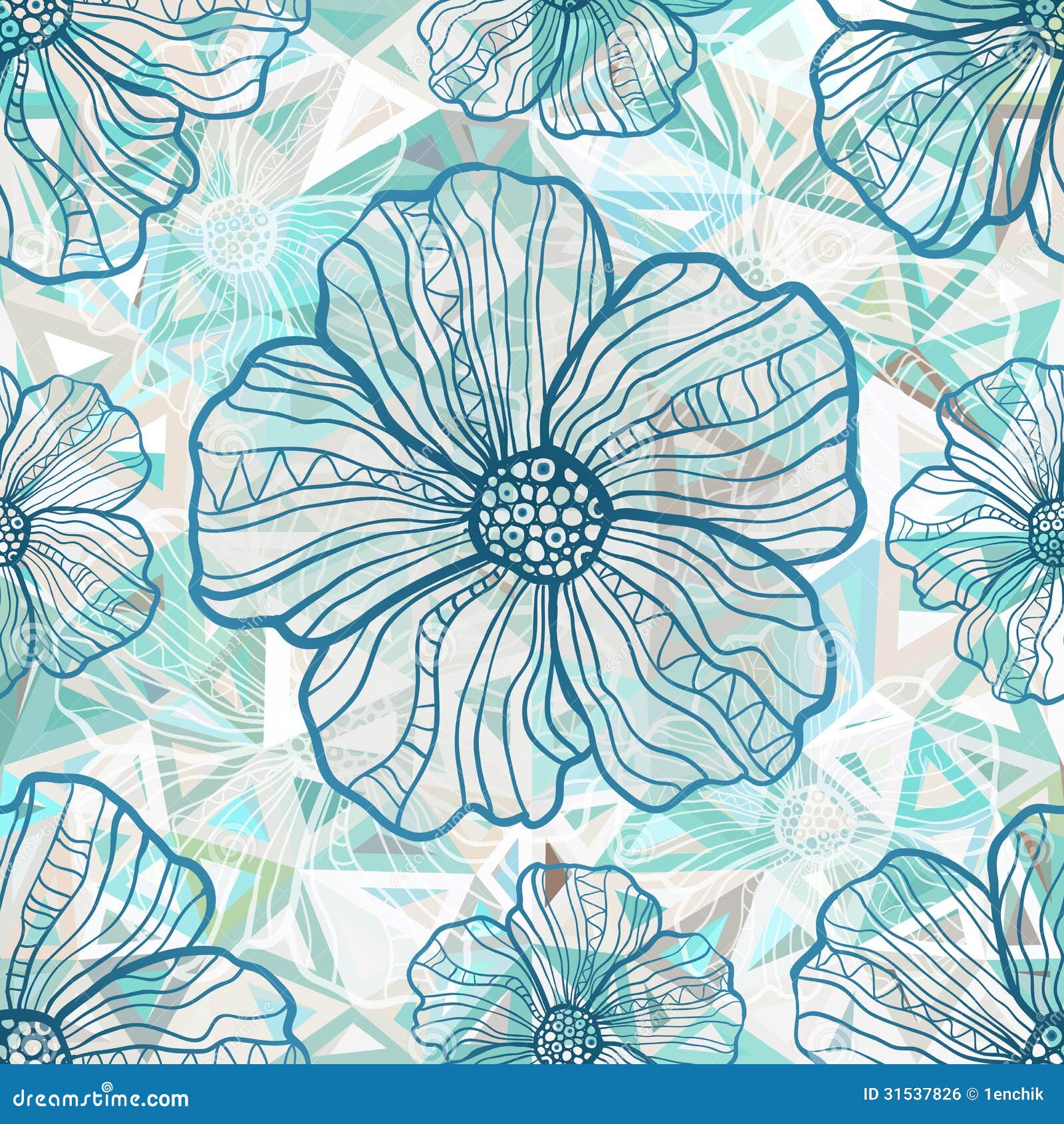 Ornate Blue Flowers on Abstract Triangles Stock Vector - Illustration ...