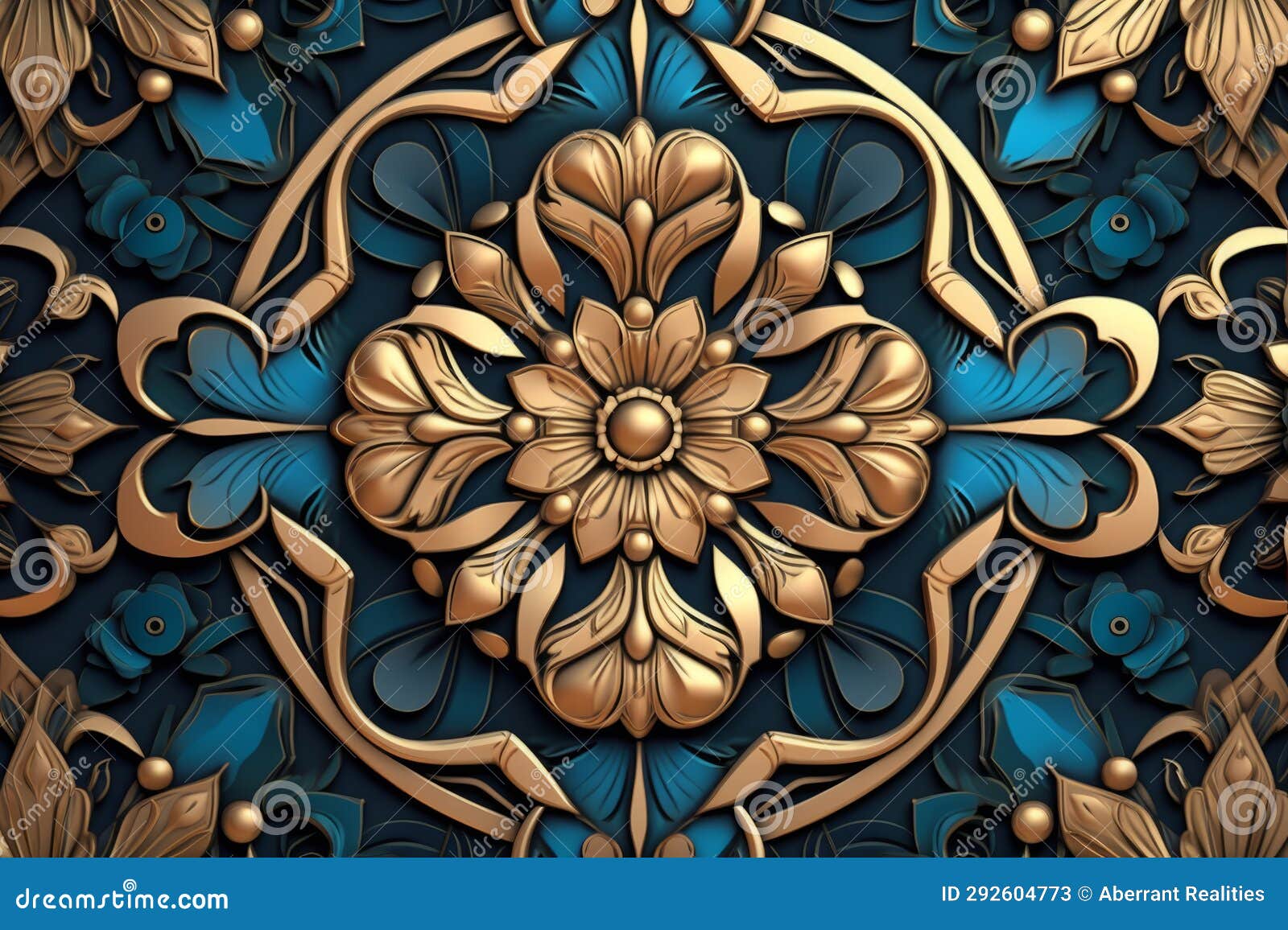 An Ornate Blue and Gold Floral Pattern on a Dark Blue Background Stock ...