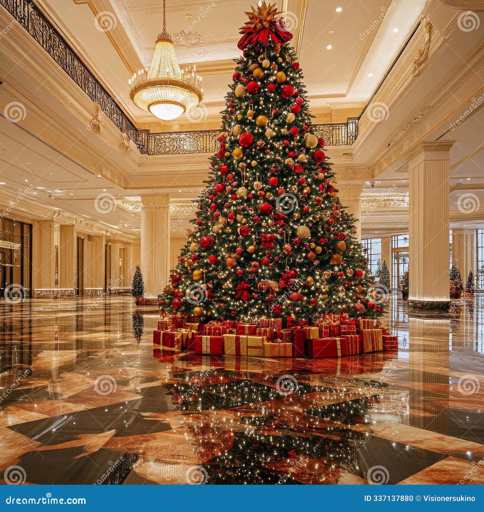 Ornate Christmas Tree In Grand Lobby With Marble Floors Royalty-Free ...