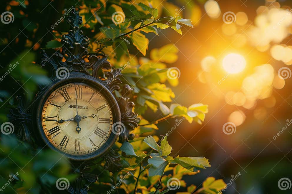 Ornate Clock Face in Sunlight and Leaves Stock Photo - Image of foliage ...