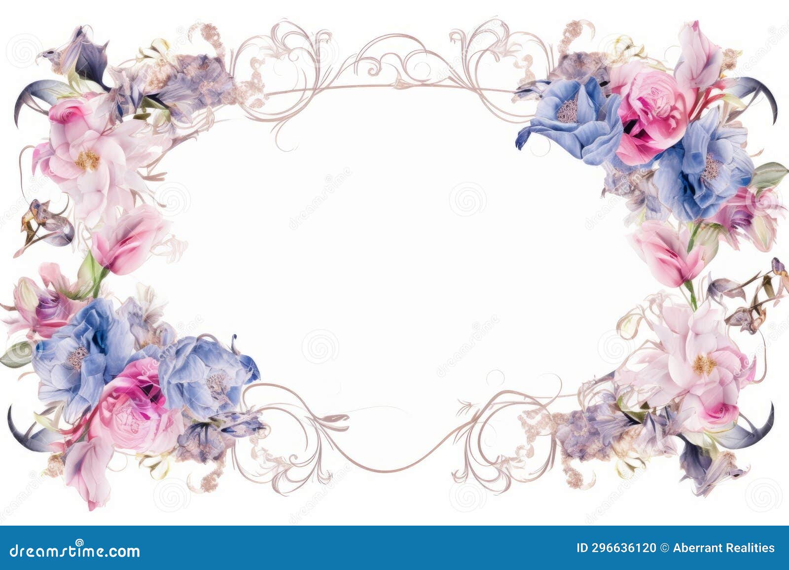 An Ornate Floral Frame with Blue and Pink Flowers Stock Illustration ...