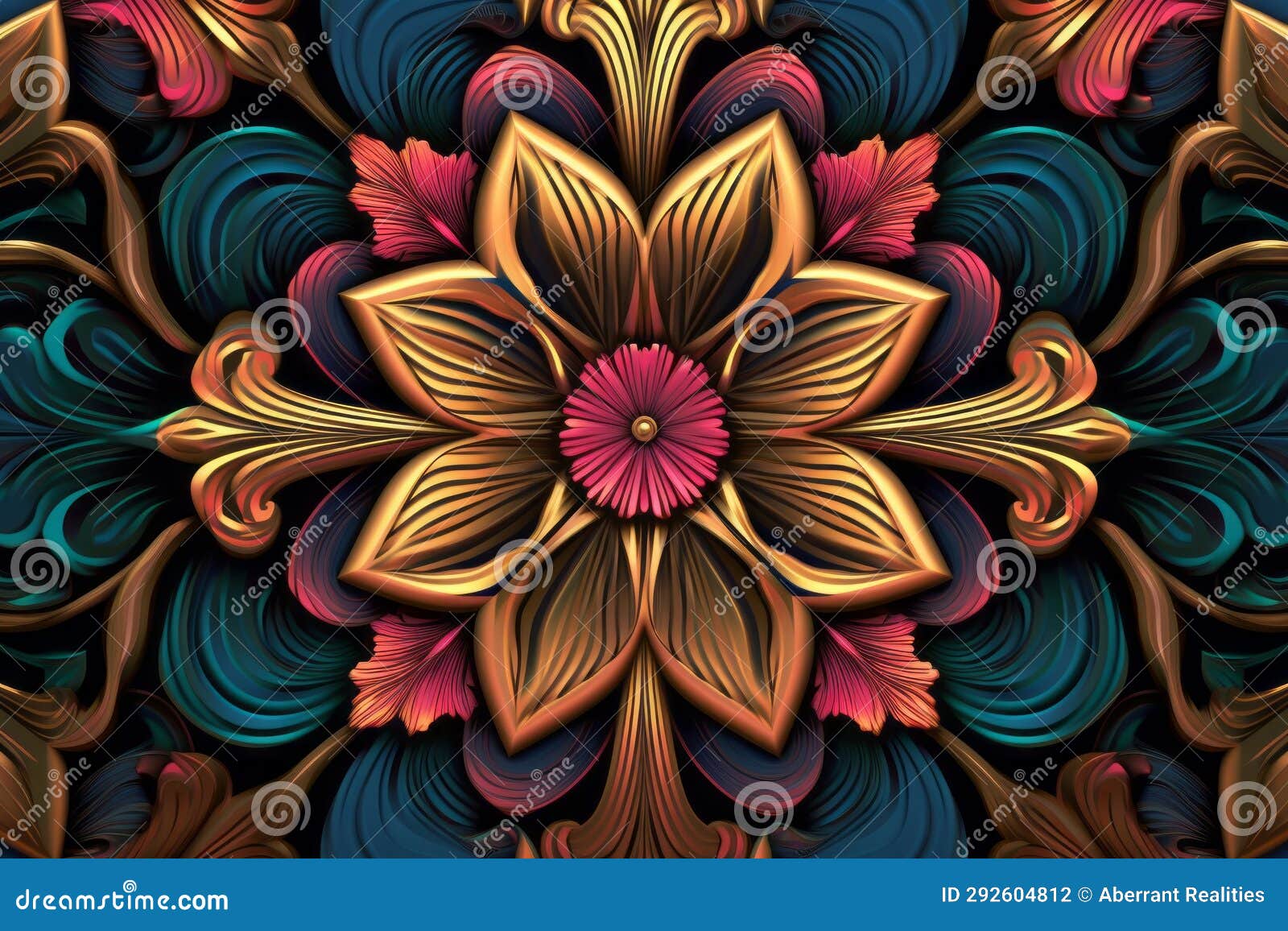 An Ornate Floral Pattern in Gold Blue and Red Colors Stock Illustration ...