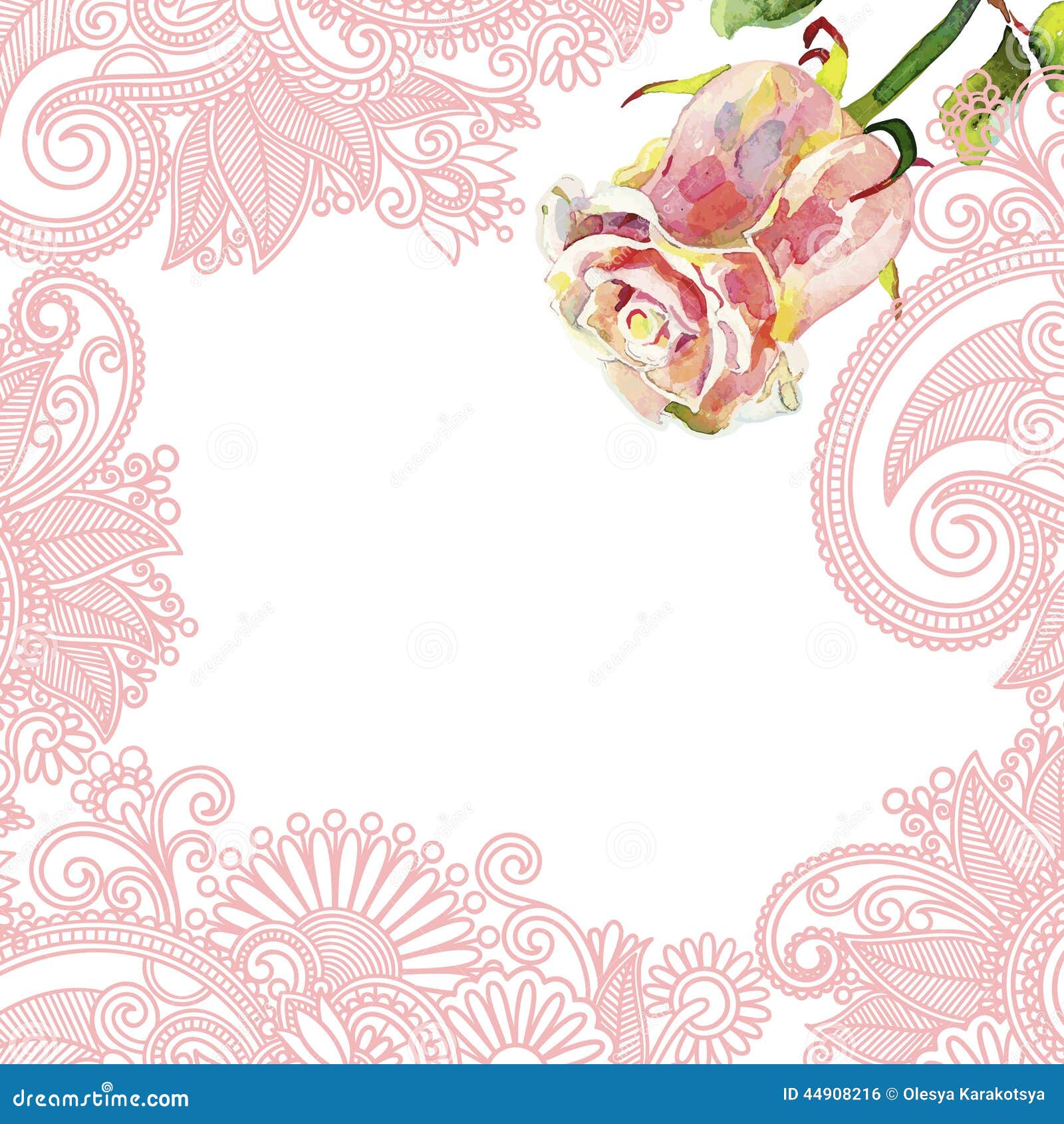 Ornate Floral Pattern with Pink Watercolor Rose Stock Vector ...