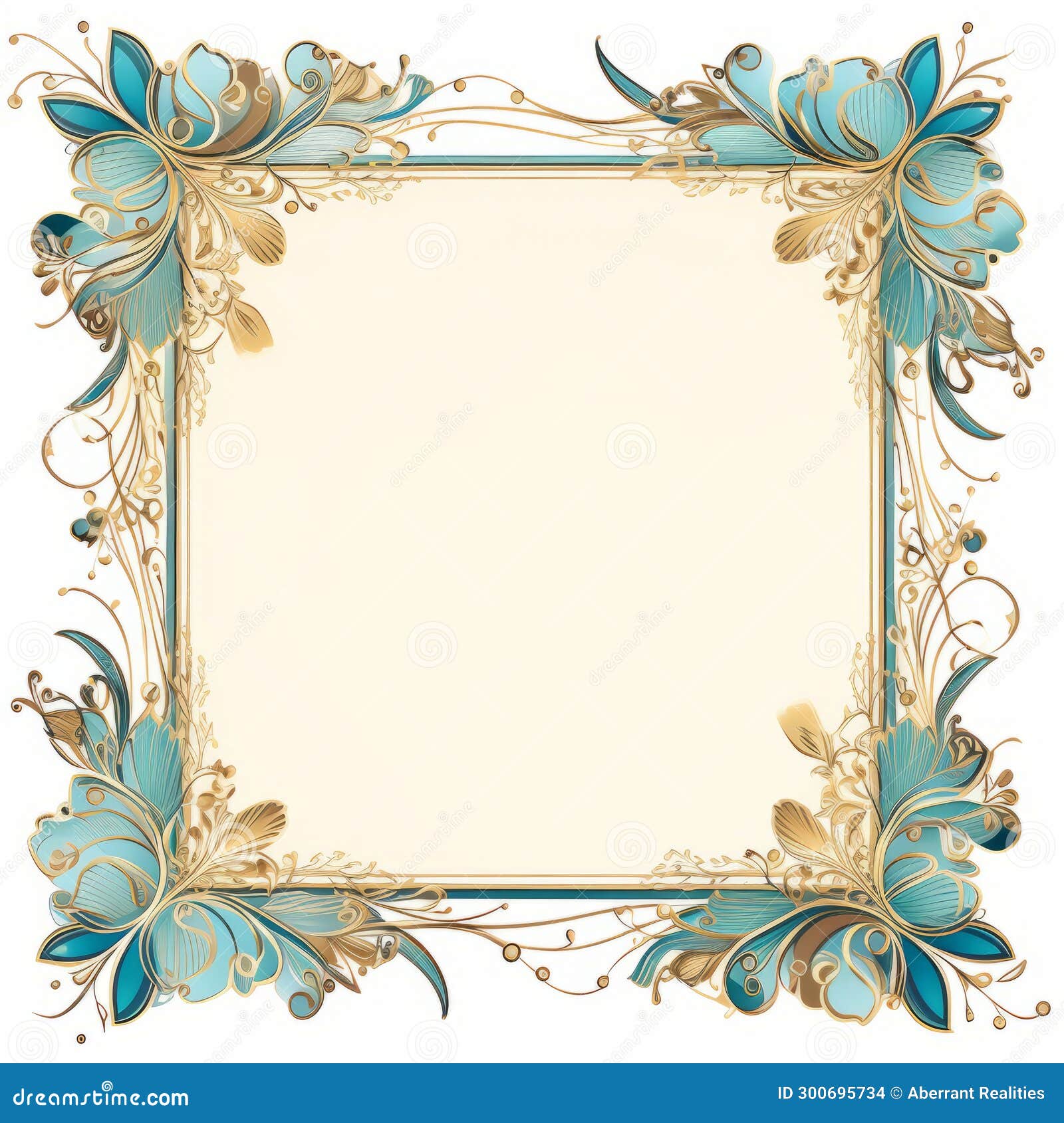 An Ornate Frame with Gold and Blue Flowers on a White Background Stock ...