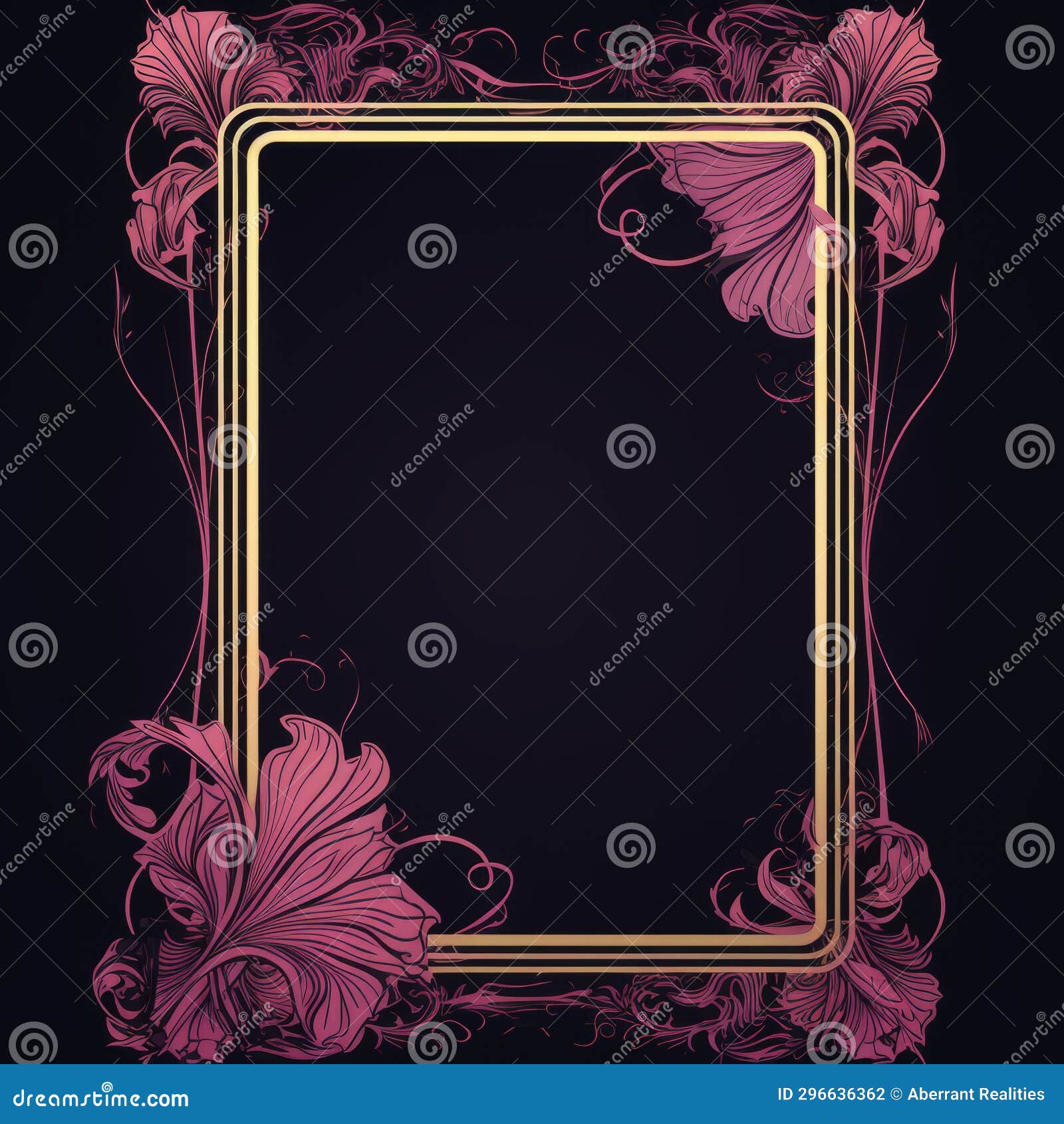 An Ornate Frame with Pink Flowers on a Black Background Stock ...