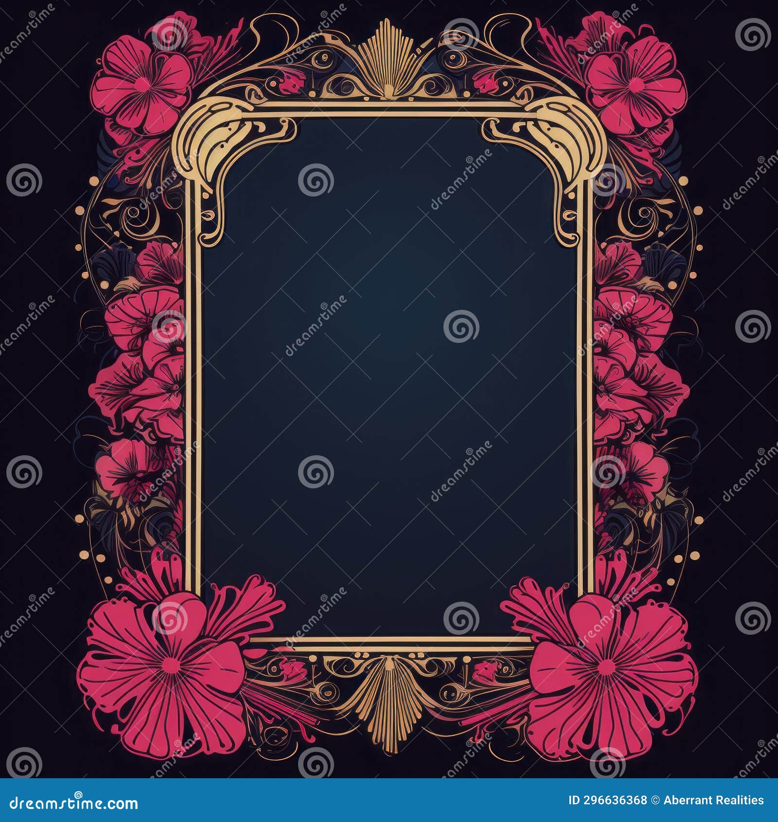 An Ornate Frame with Pink Flowers on a Black Background Stock ...