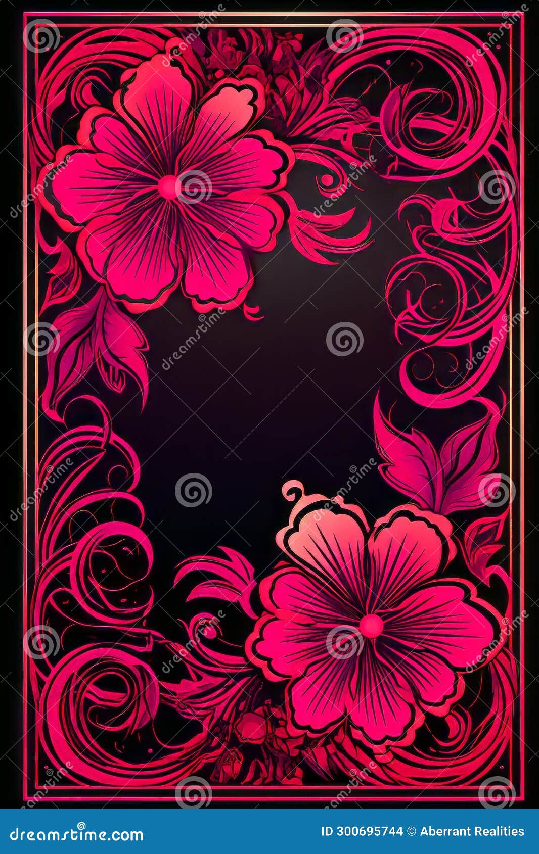 An Ornate Frame with Pink Flowers on a Black Background Stock ...