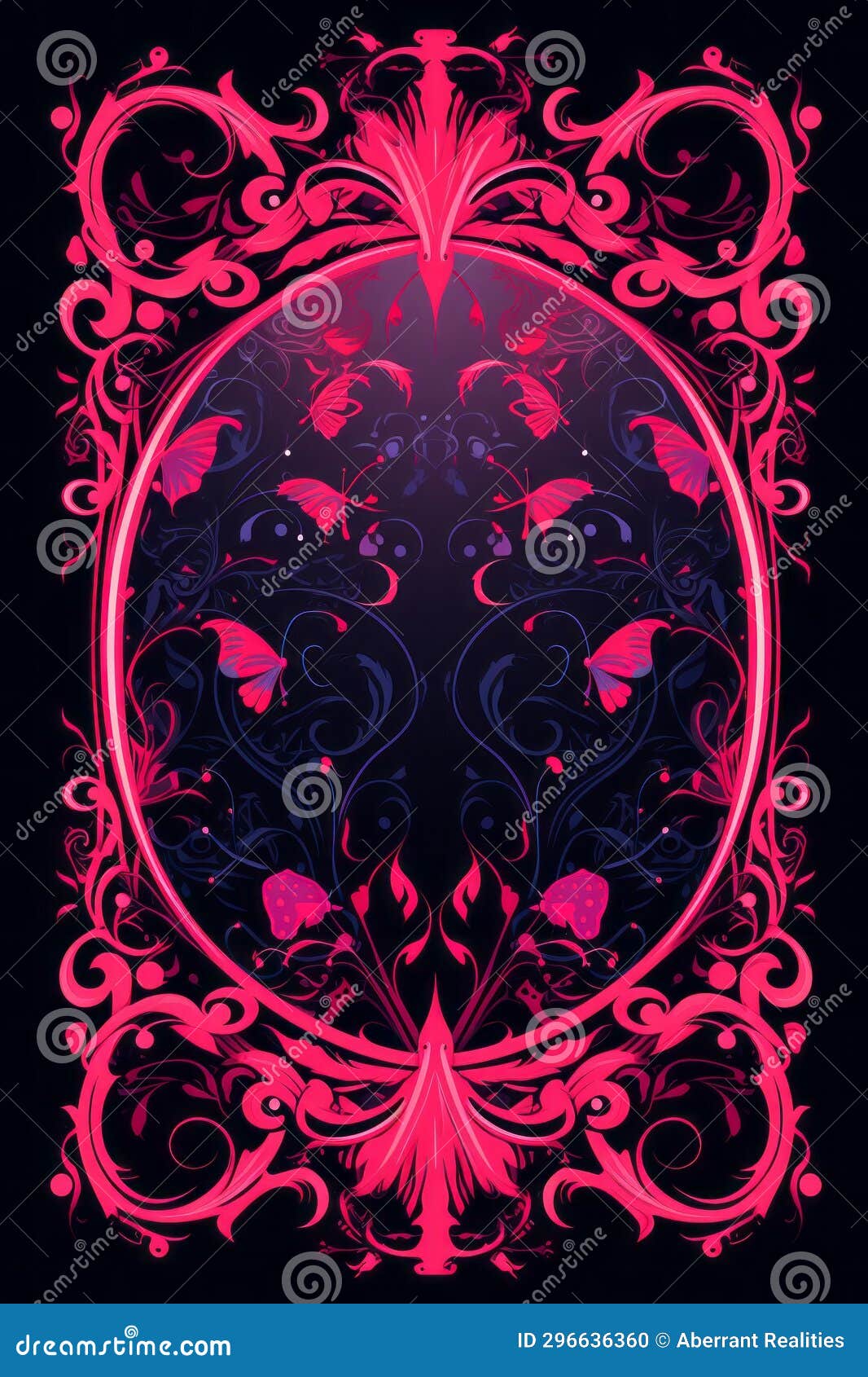 An Ornate Frame with Pink Flowers and Swirls on a Black Background ...