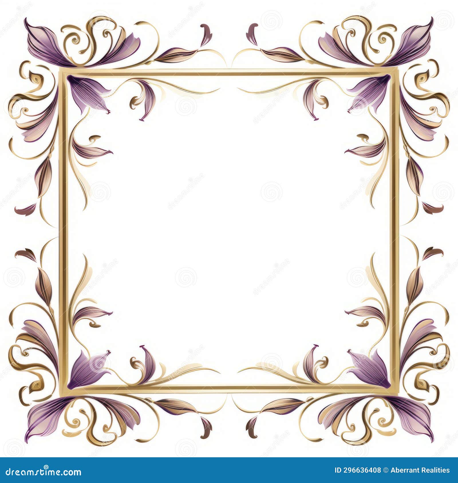 An Ornate Frame with Purple Flowers on a White Background Stock ...