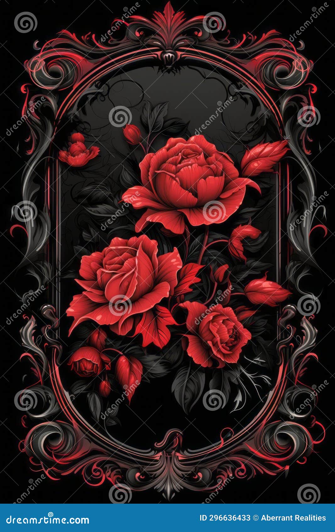An Ornate Frame with Red Roses on a Black Background Stock Illustration ...