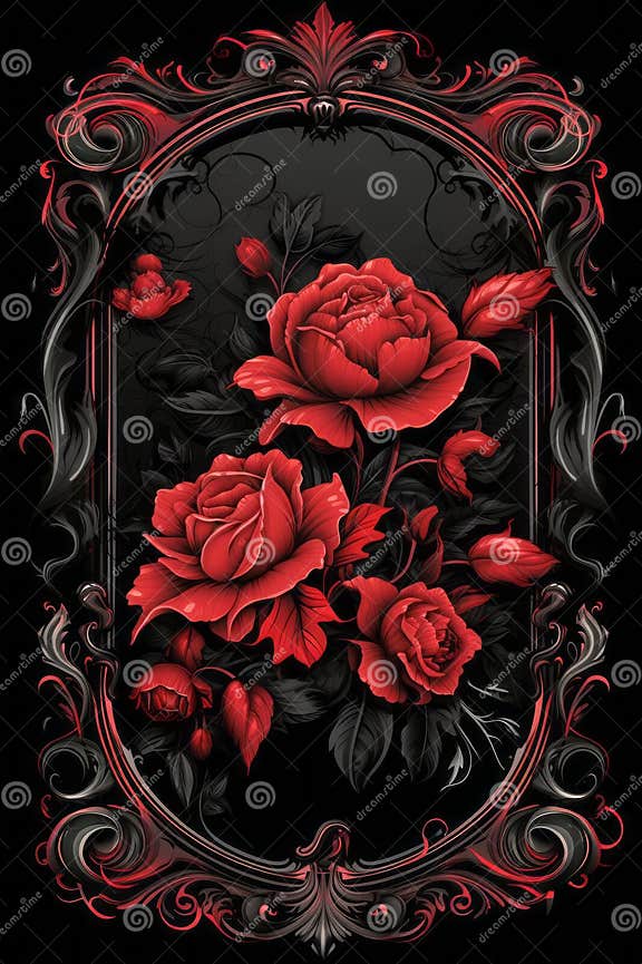 An Ornate Frame with Red Roses on a Black Background Stock Illustration ...