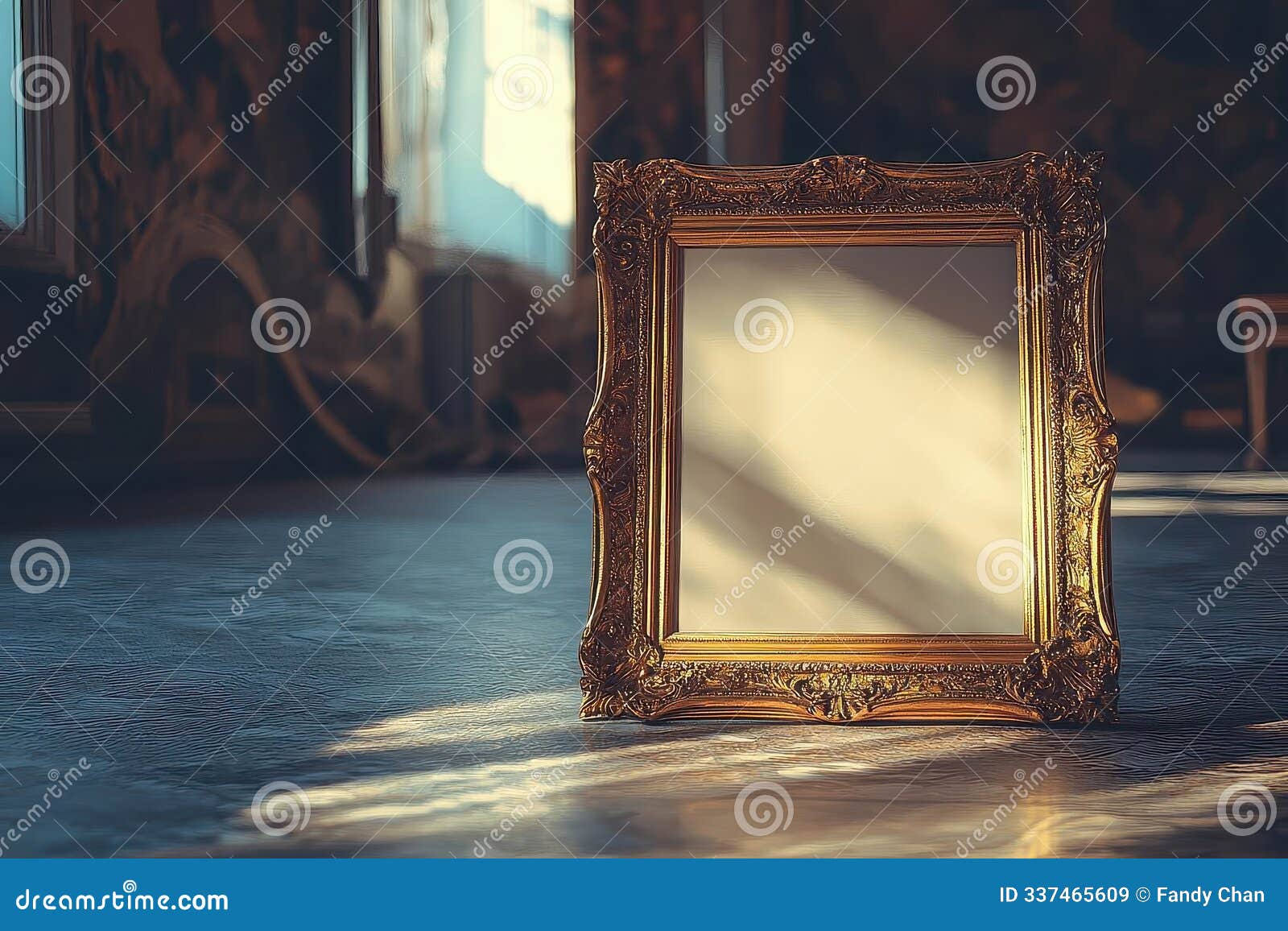 Ornate Gold Frame Reflecting Sunlight in a Room with Vintage Aesthetic ...